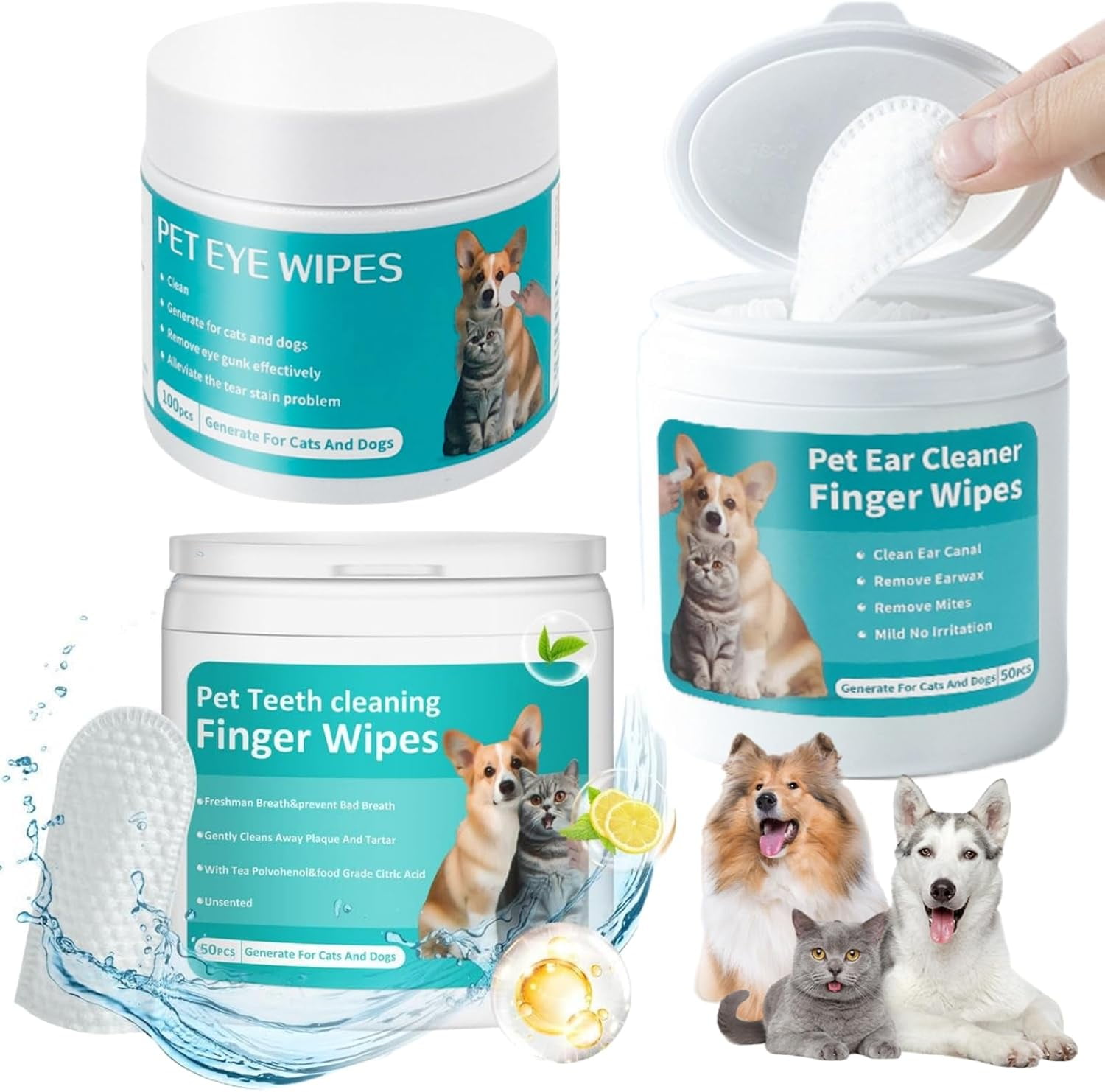 Pet Cleaning Wipes Kit For Dogs&Cats,includes Ear Finger Wipes,Teeth ...
