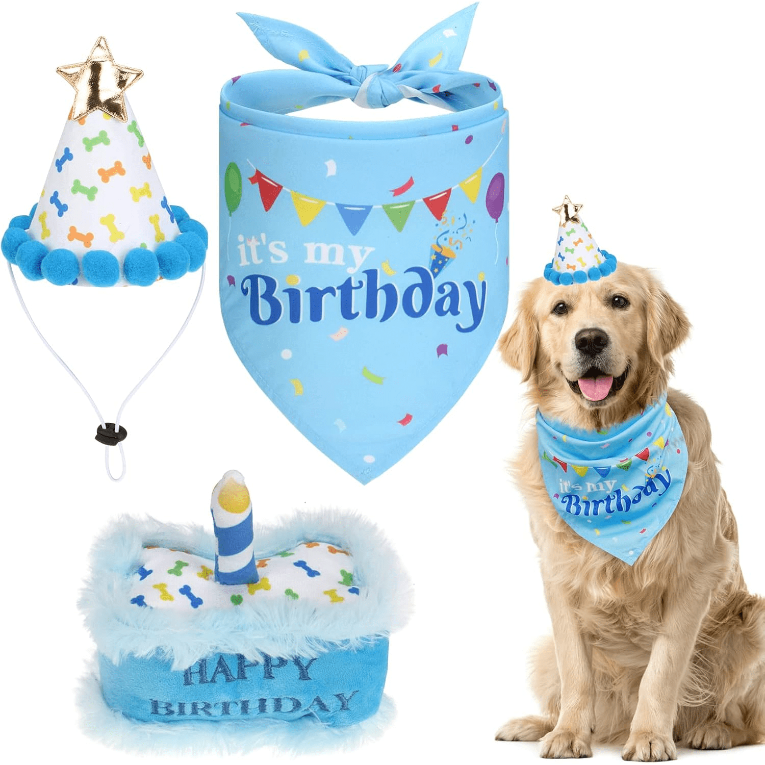 Pet Dog Birthday Dress Up Set, including Hat, Scarf, and Voice Cake ...