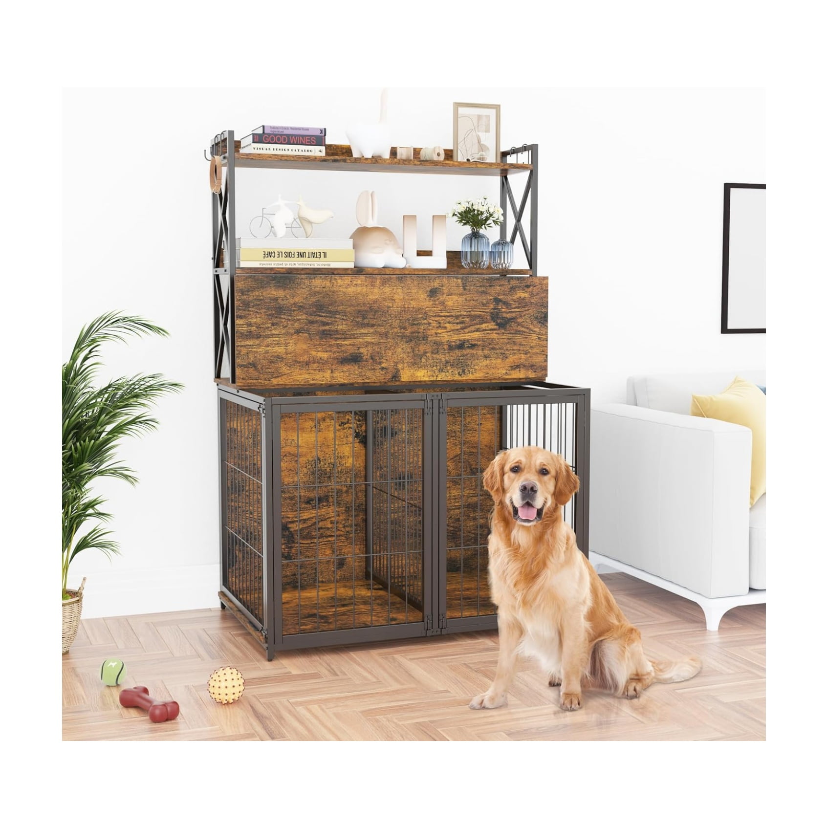 Pet Dog Crate Furniture with Storage Shelves,Wooden Dog Crate End Table ...