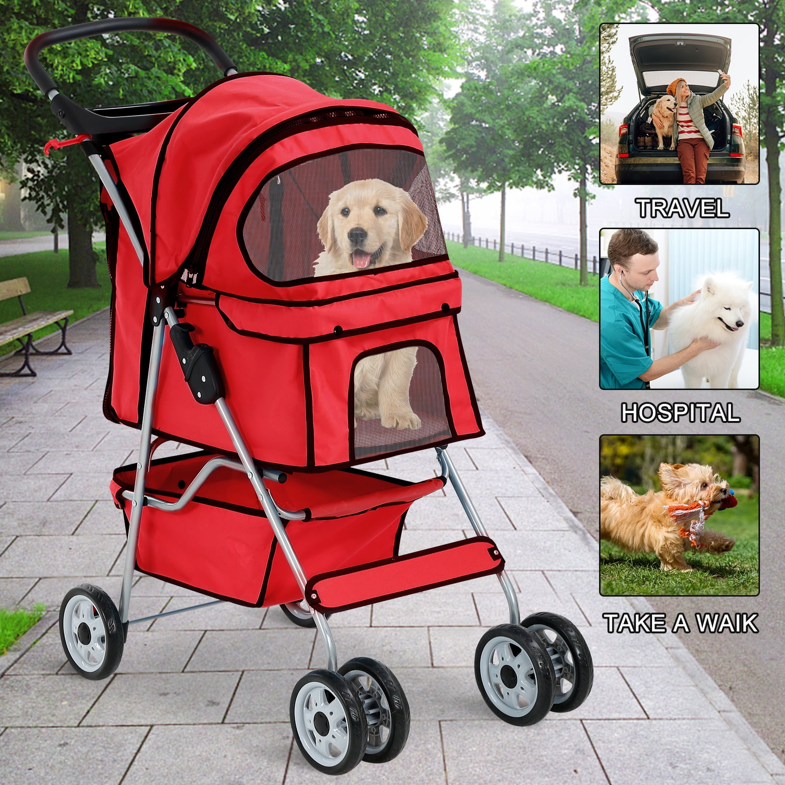 Walmart 4-Wheel Folding Pet Stroller with Storage, 360° Front Wheel ...