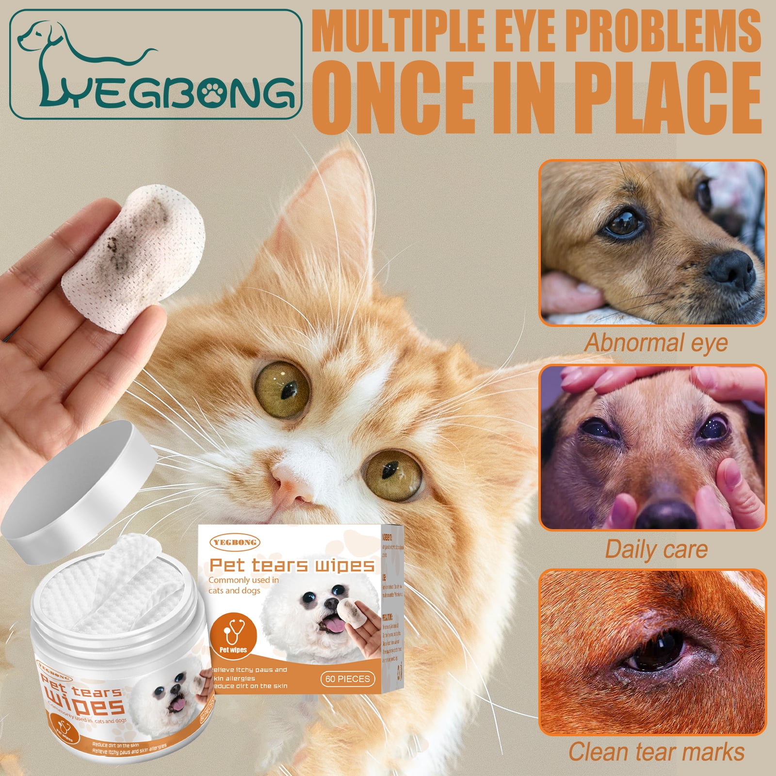 Pet Eye Wipes for Dogs & Cats – 60pcs Tear Stain Remover Pads with Aloe ...