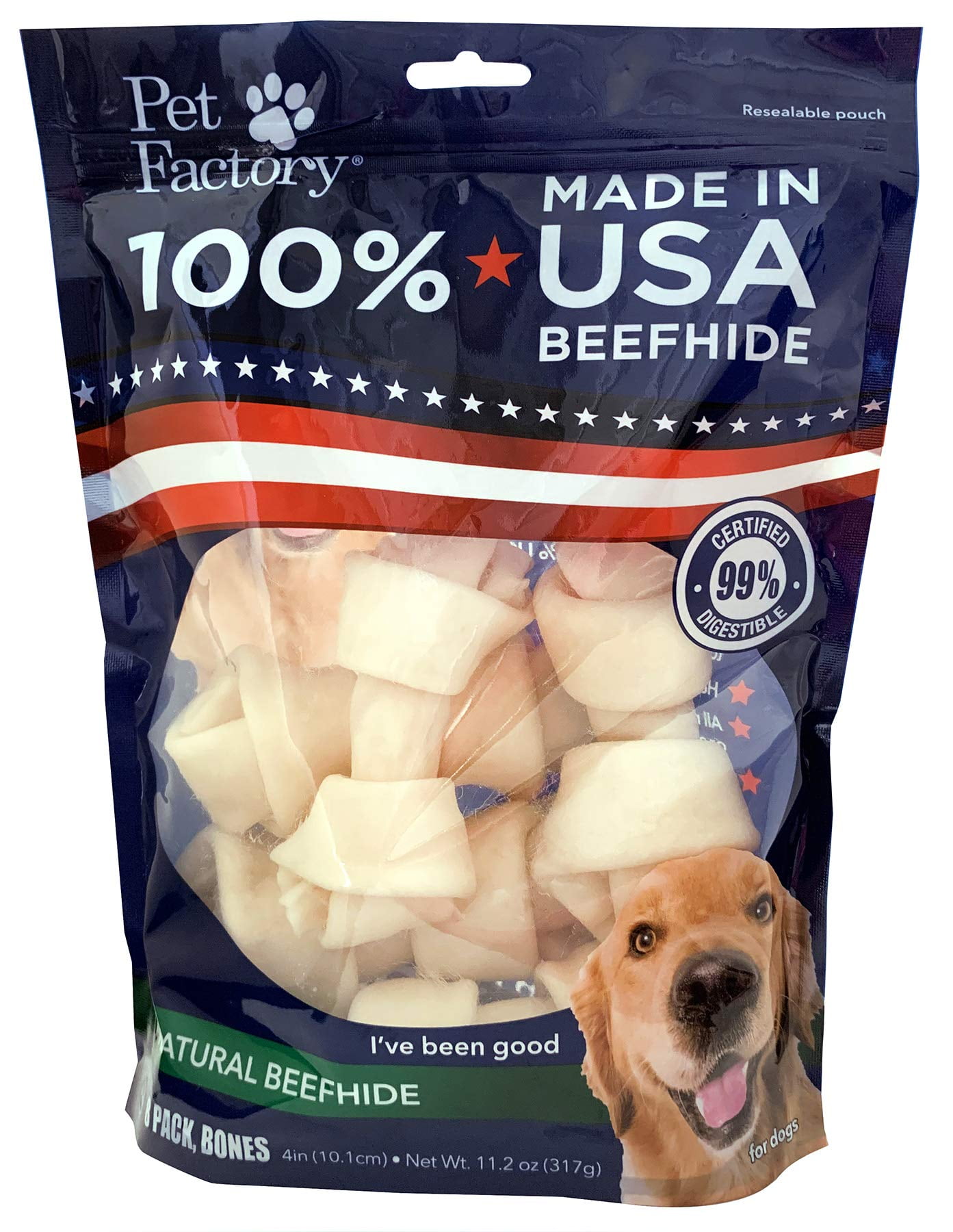 Pet Factory 100% AJH3 Made in USA Beefhide 4-5" Knotted Bones Dog Chew ...