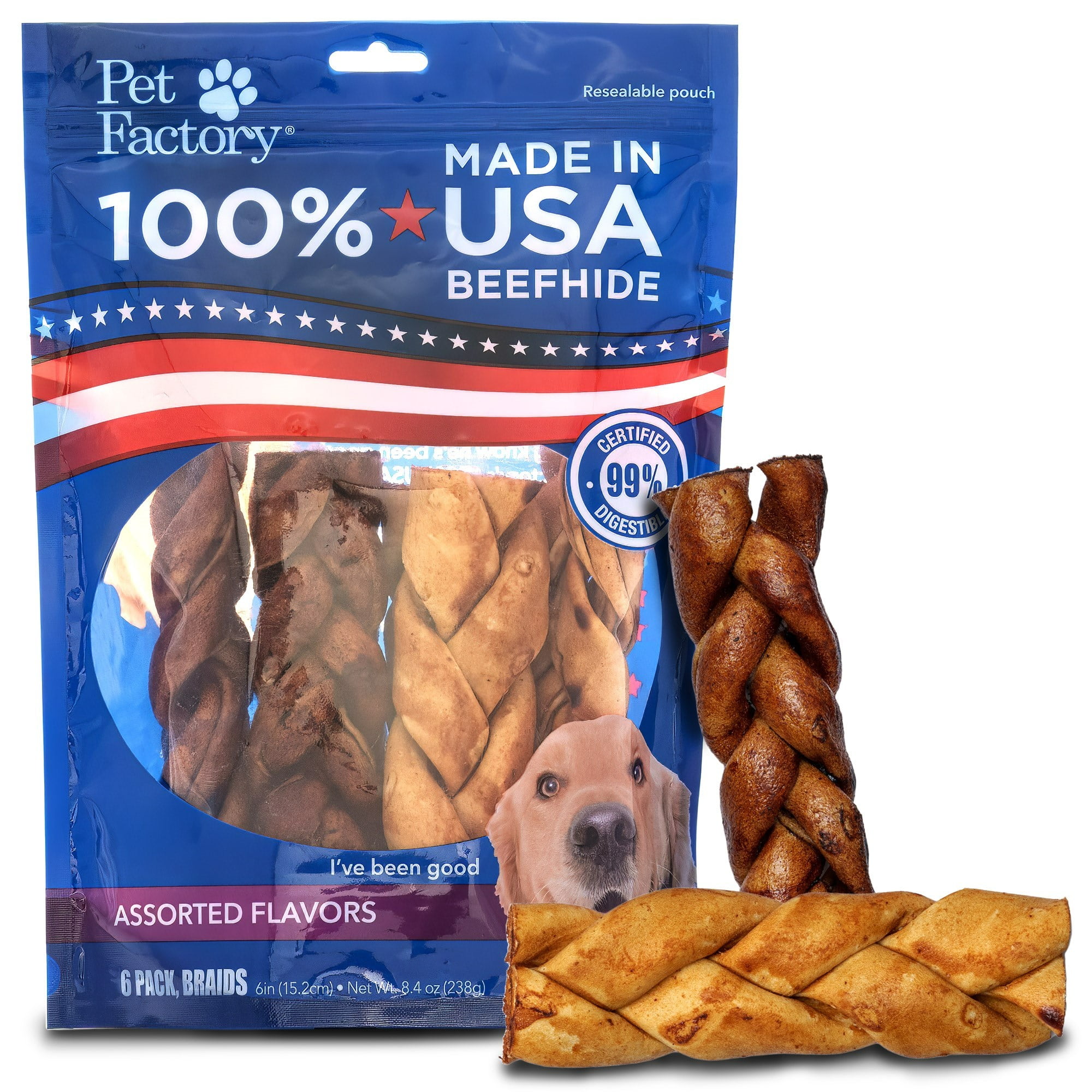 Pet Factory 100% Made in USA Beefhide 6" Braided Sticks Dog Chew Treats ...