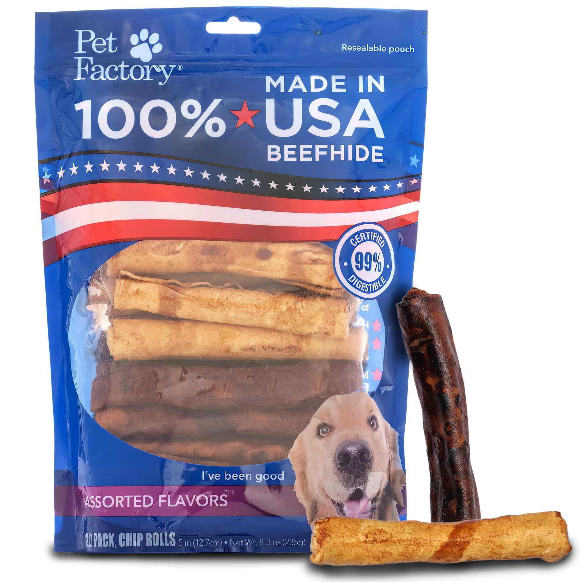 Pet Factory Big Long Lasting 100% USA Beefhide 5" Chip Rolls Dog Chew ...