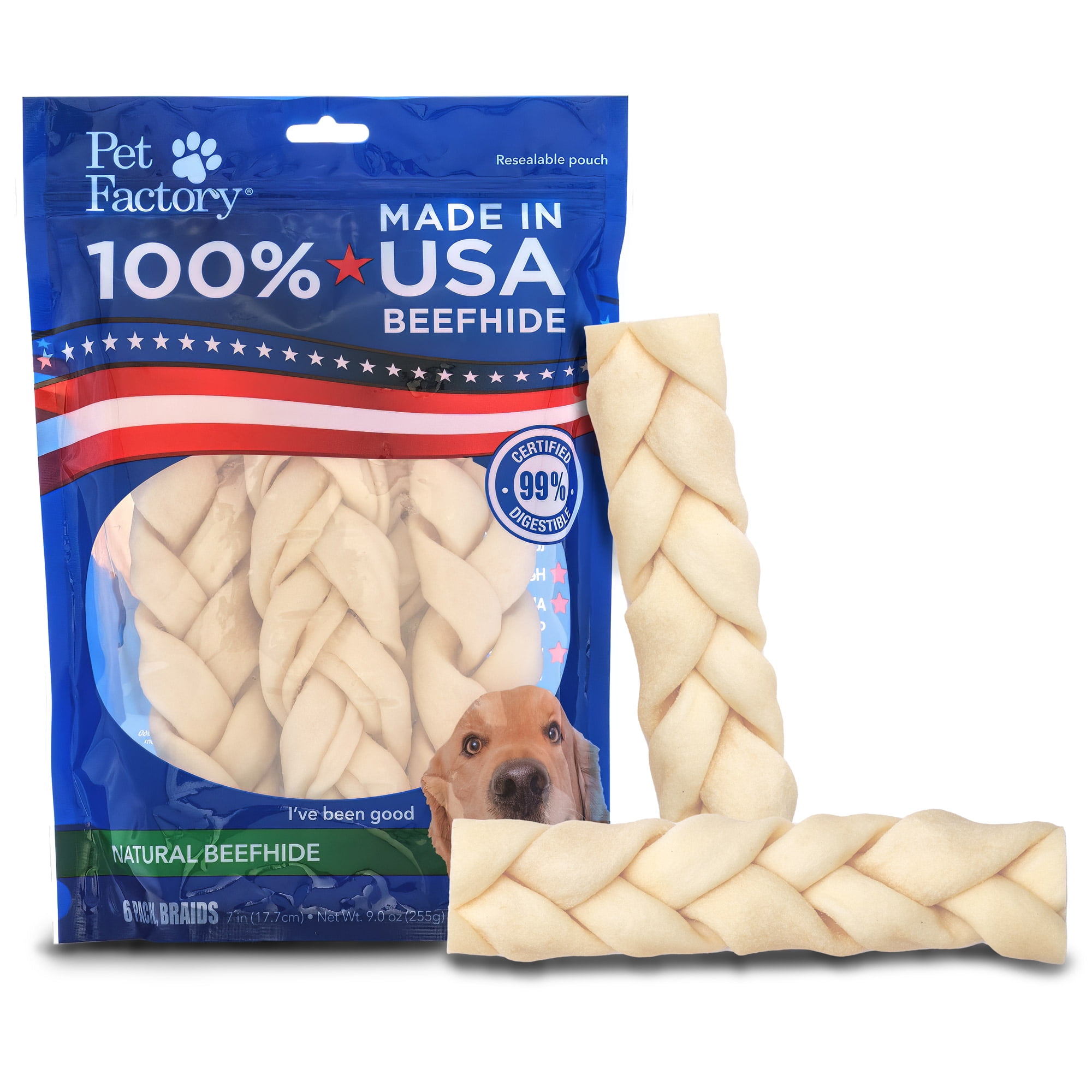Pet Factory 100% Made in USA Beefhide 7" Braided Sticks Dog Chew Treats ...