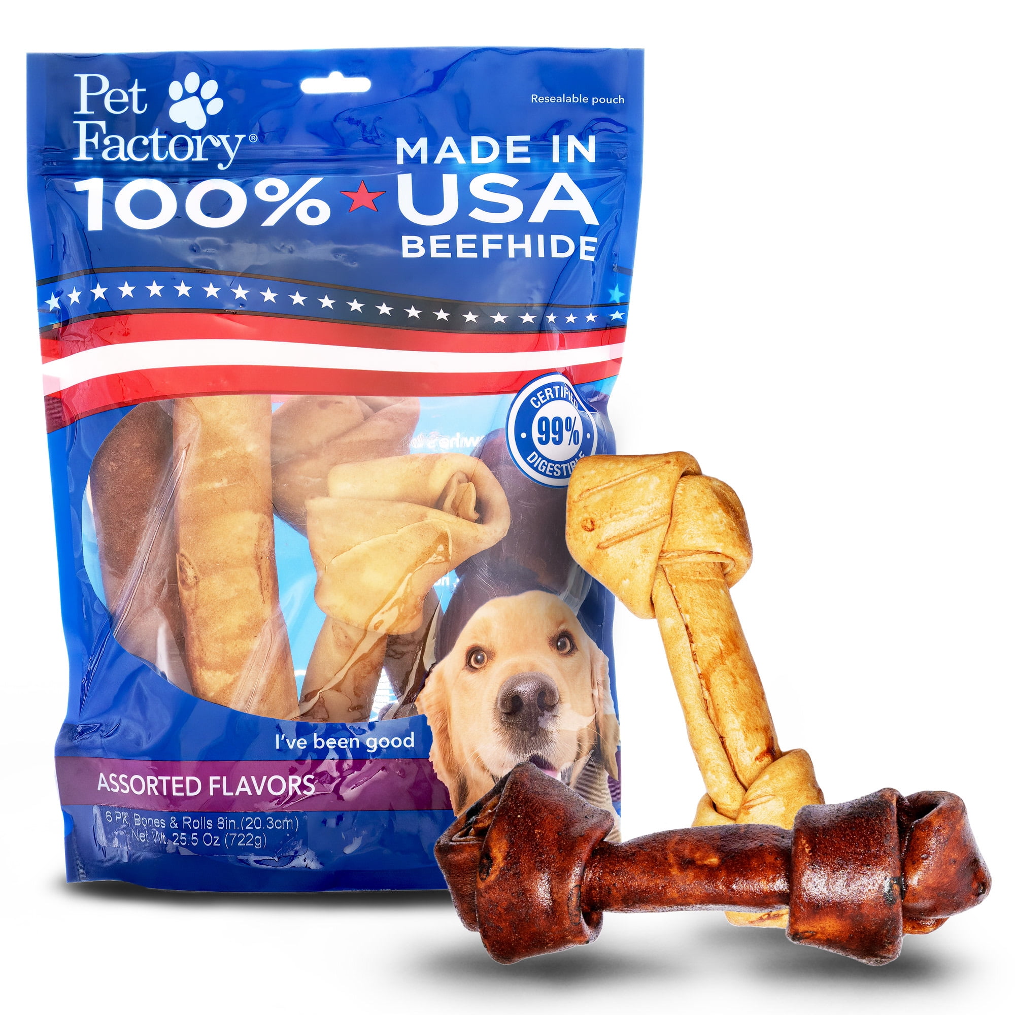 Pet Factory 100% Made in USA Beefhide 8-9" Assorted (Bones & Rolls) Dog ...