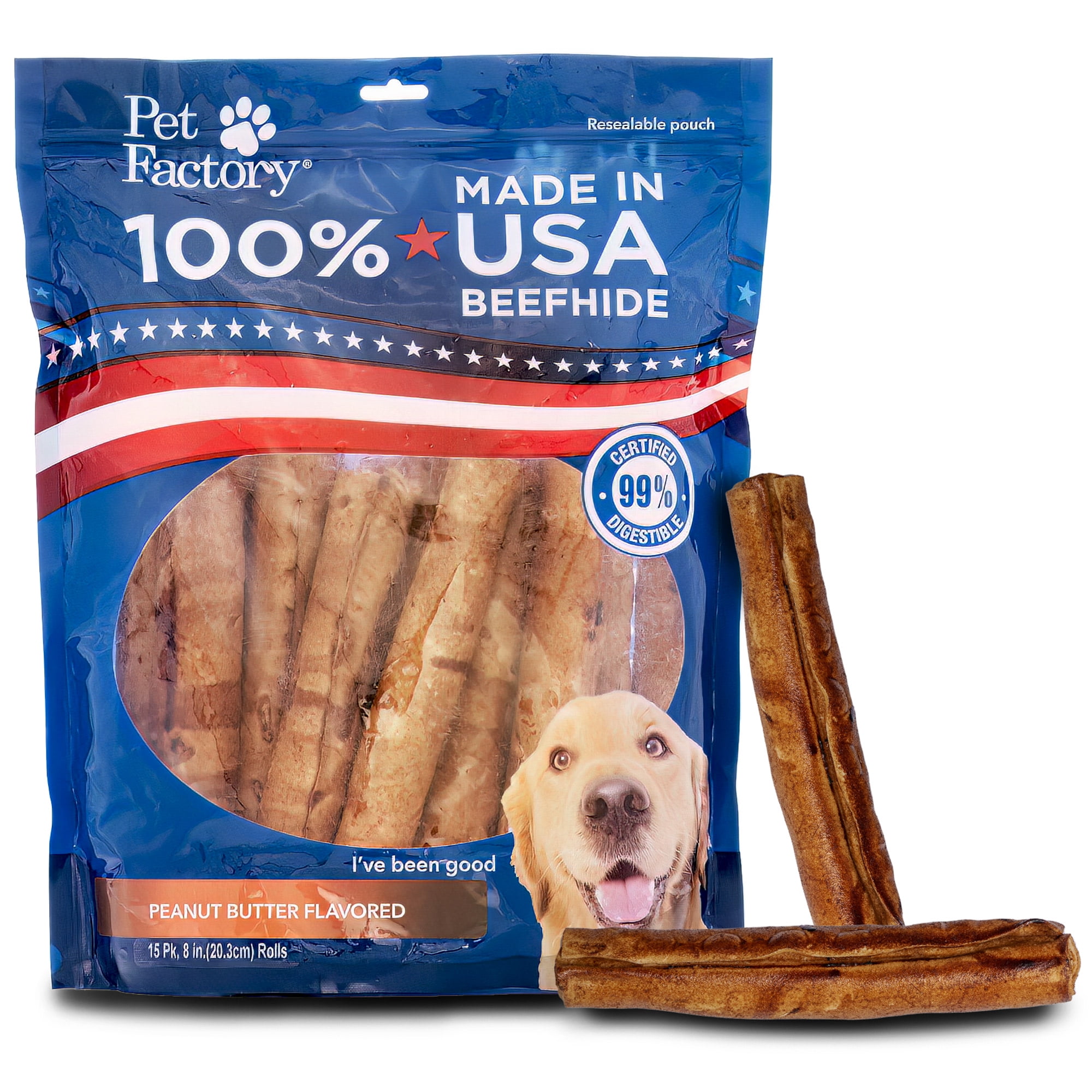 Pet Factory 100% Made in USA Beefhide 8" Rolls Dog Chew Treats - Peanut ...