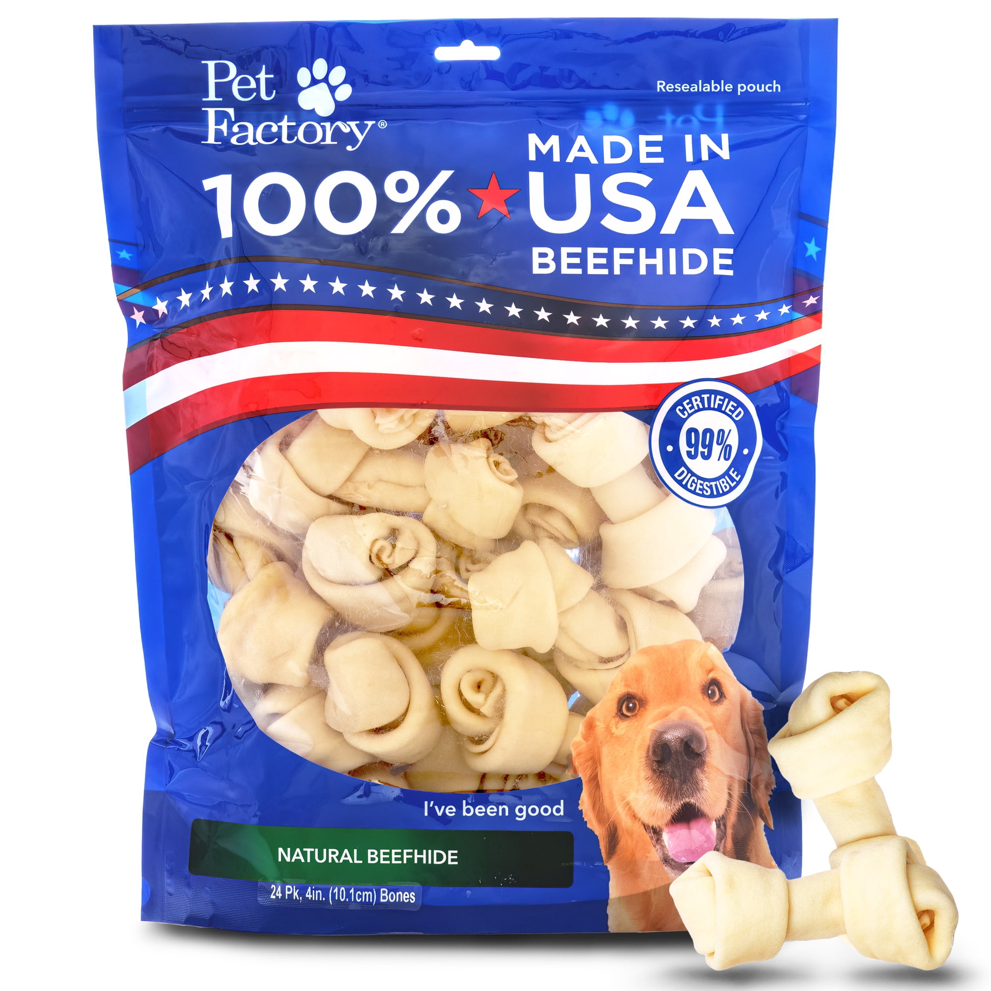Pet Factory 100% Made in USA Beefhide Bones Natural Flavor - 4", 24 ...