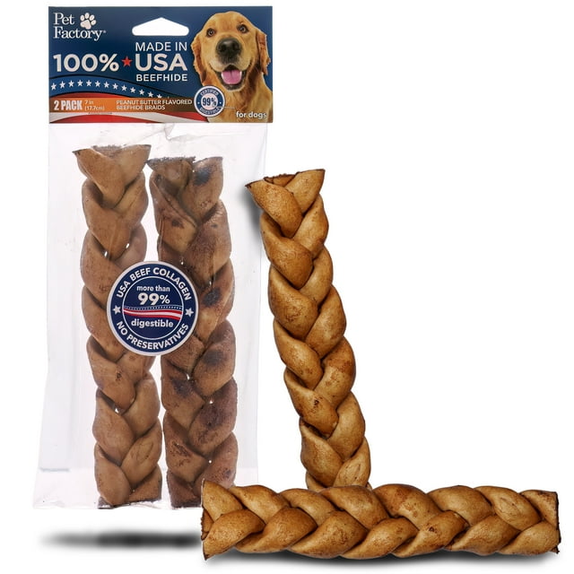 Pet Factory Beefhide Braided Sticks Peanut Butter Flavored - 7", 2 ...