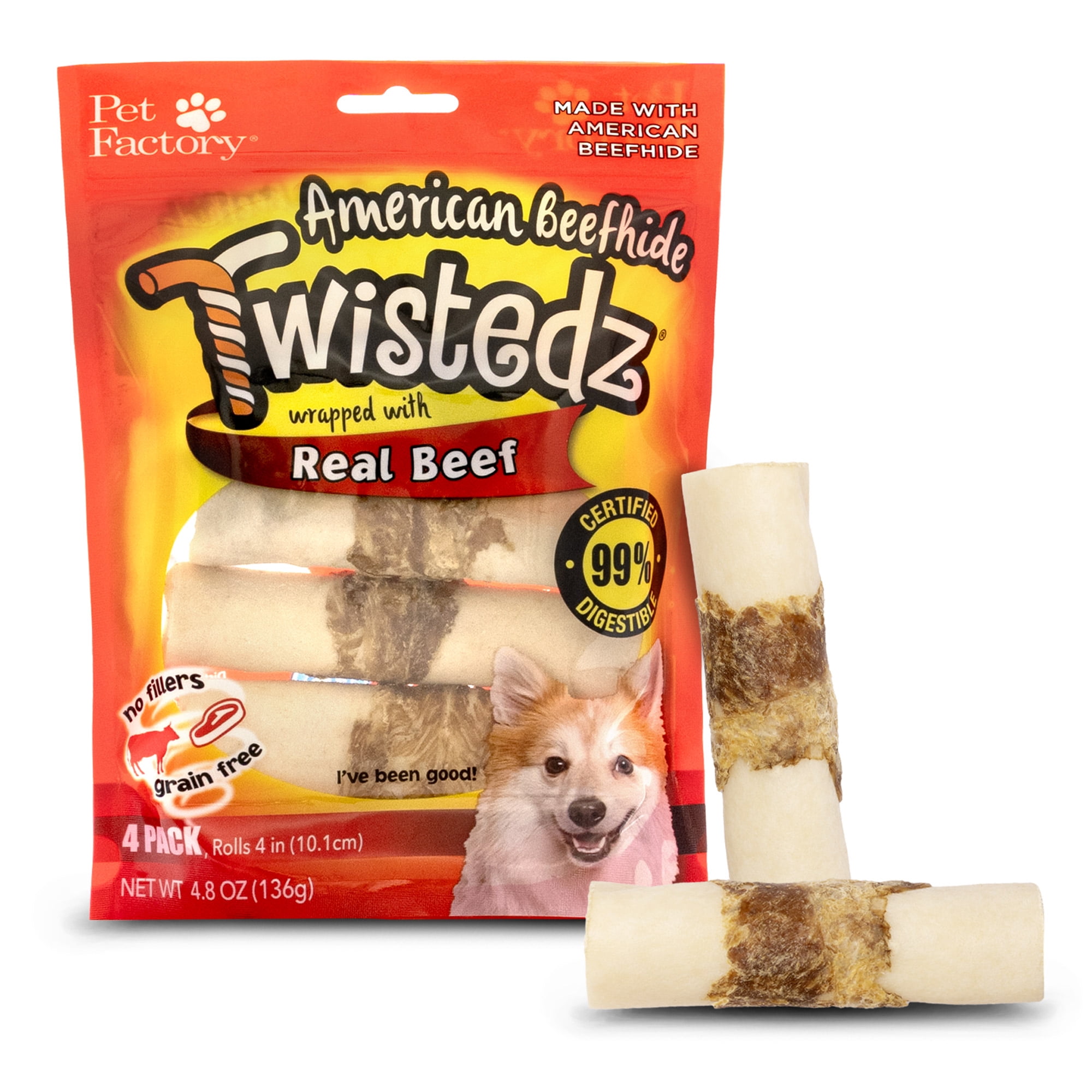 Pet Factory Twistedz American Beefhide Rolls w/ Beef Meat Wrap - 4", 4 ...