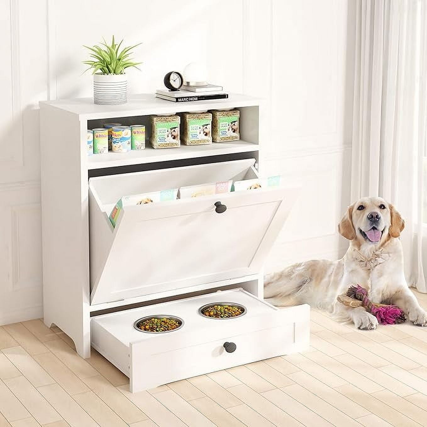 Pet feeding station with two elevated dog bowls and storage space with ...