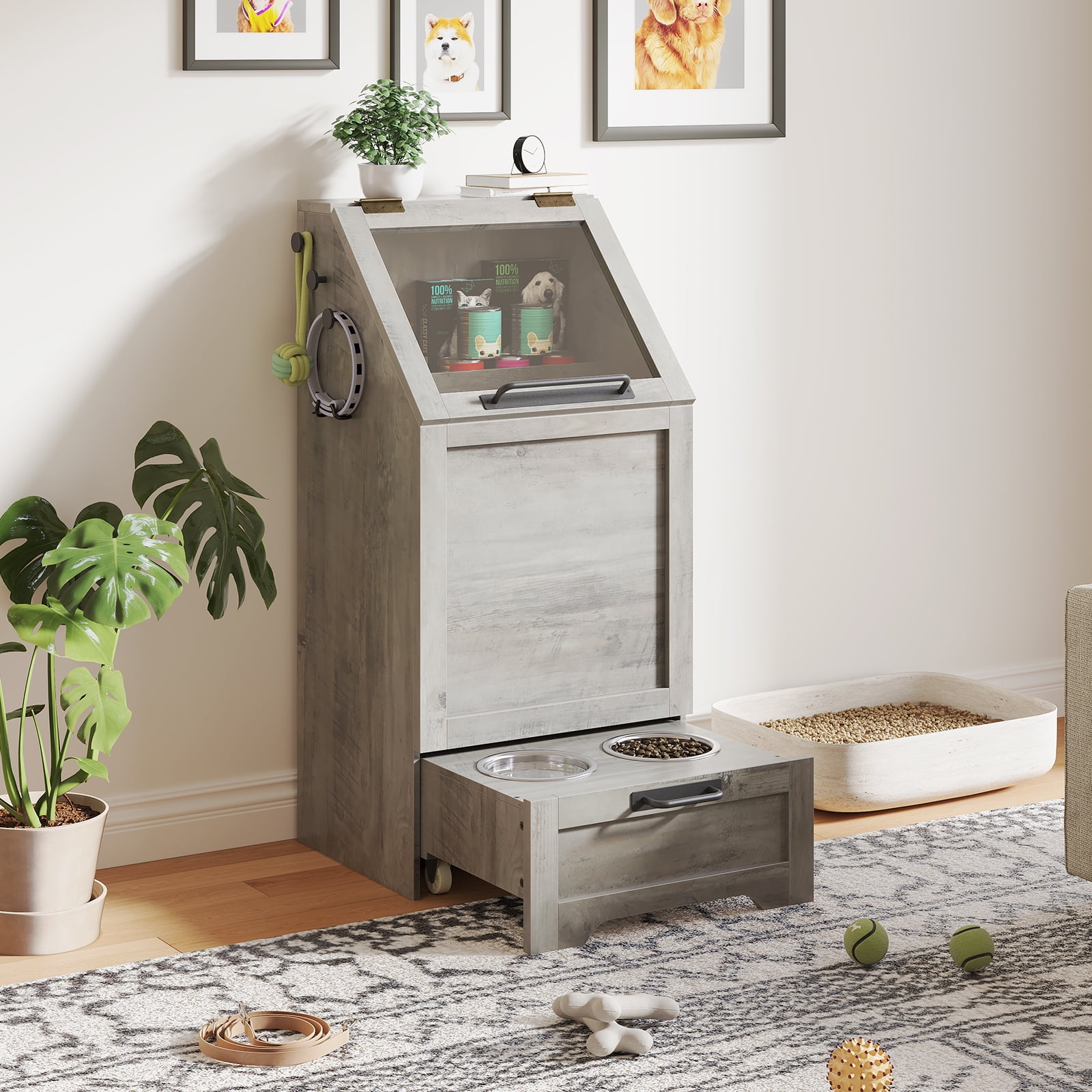 Pet Food Cabinet,Dog Feeding Station with 2 Elevated Dog Bowls, Dog ...