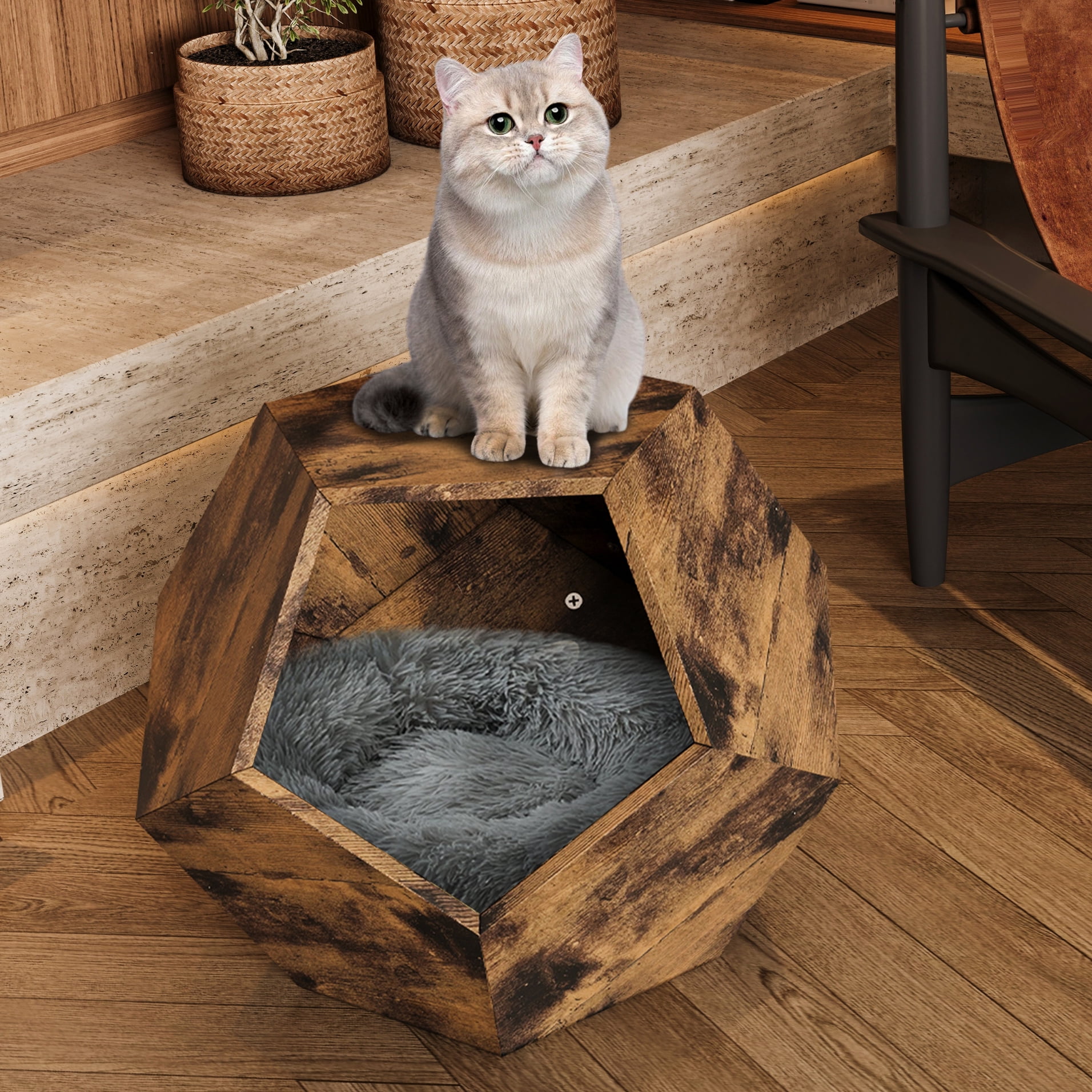 Pet Furniture Cat Side Table Carrier, 26.64'' In Antique Wood Color ...