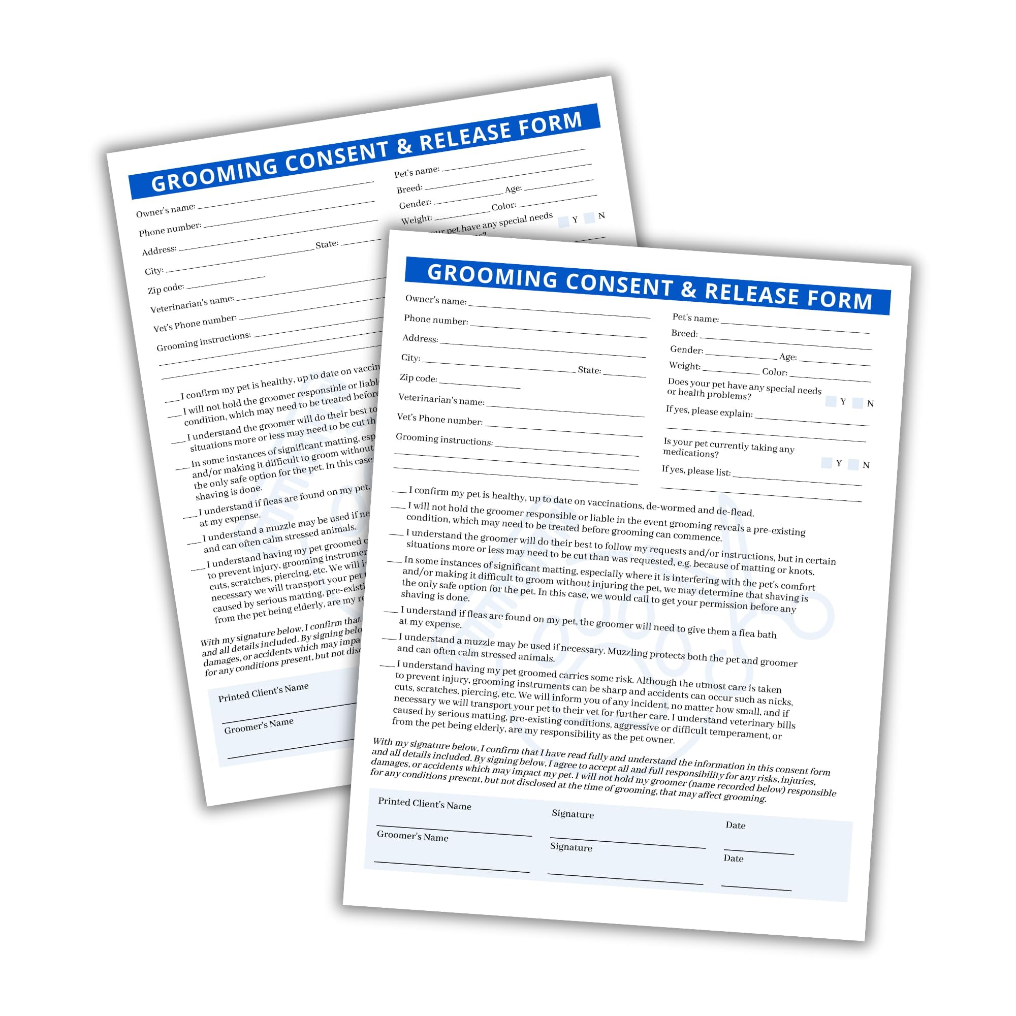 Pet Grooming Intake, Consent & Release Form | 50 Pack 8.5x11” in ...