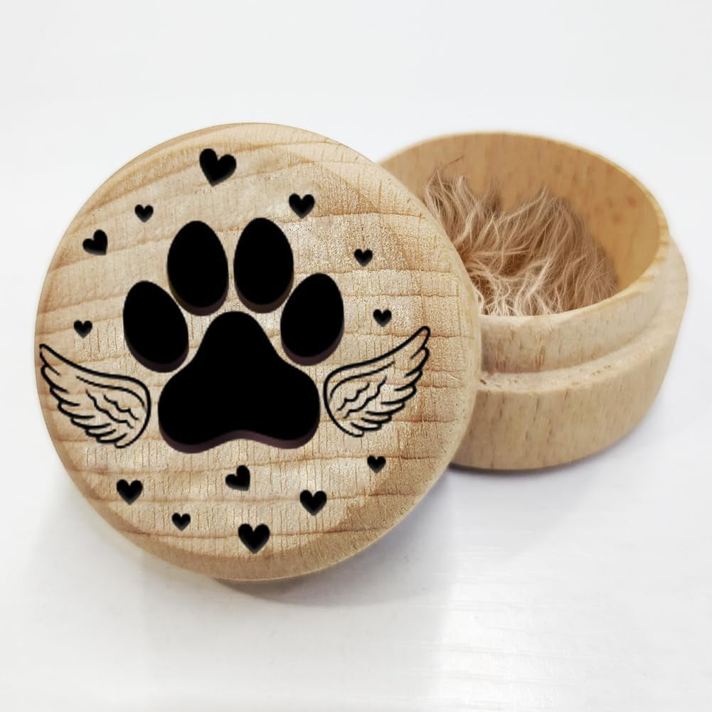 Pet Hair Keepsake Box Wooden Pet Loss Memorial Box Paw Print & Wings ...