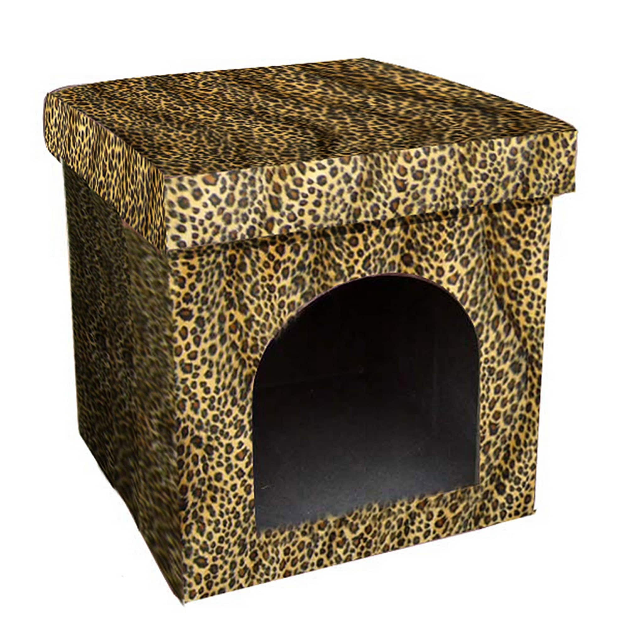 Pet House with Leopard Print Fabric and Removable Top, Gold and Black ...