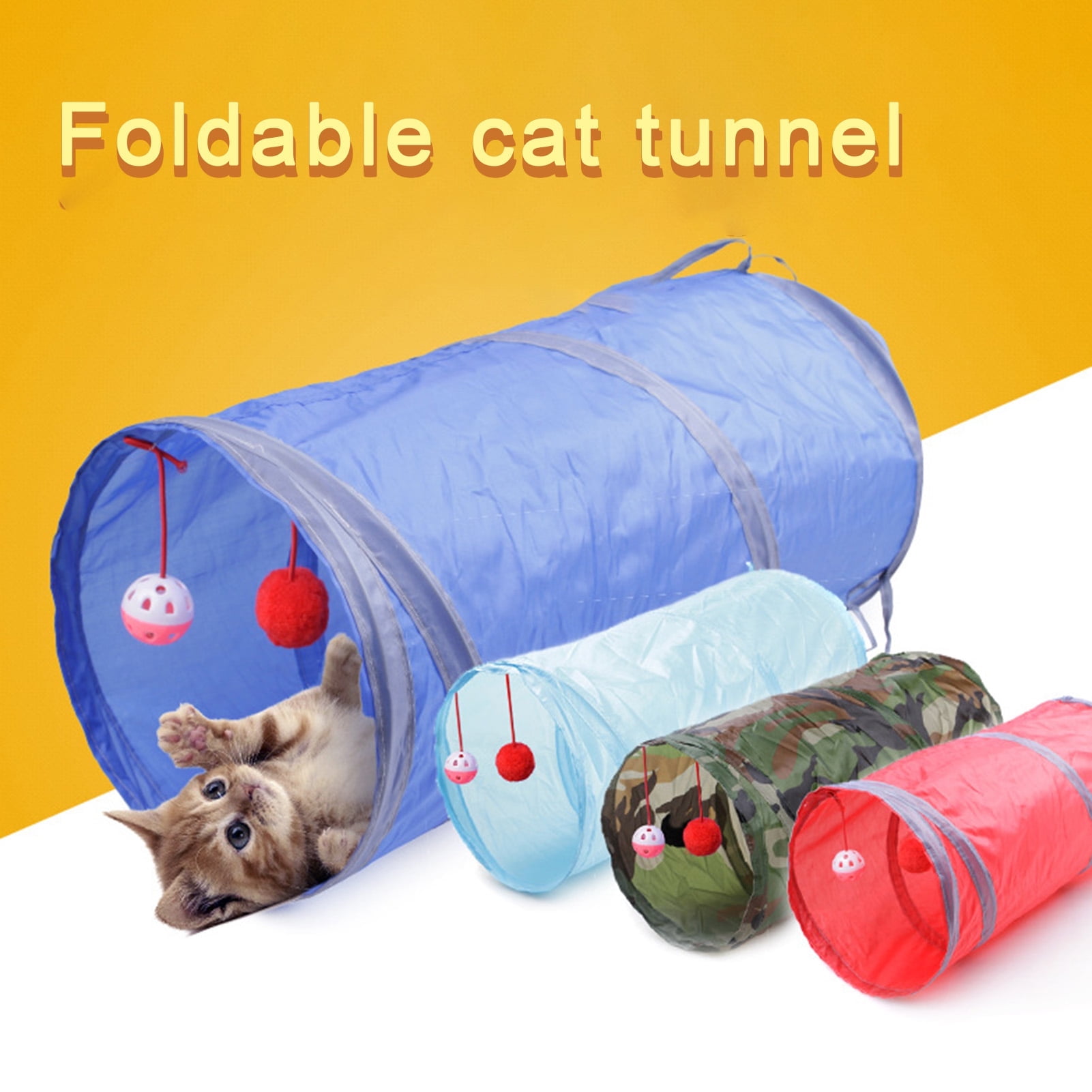 Pet Kitten 2-Way Foldable Tunnel Tube Hanging Bell Ball Training Play ...