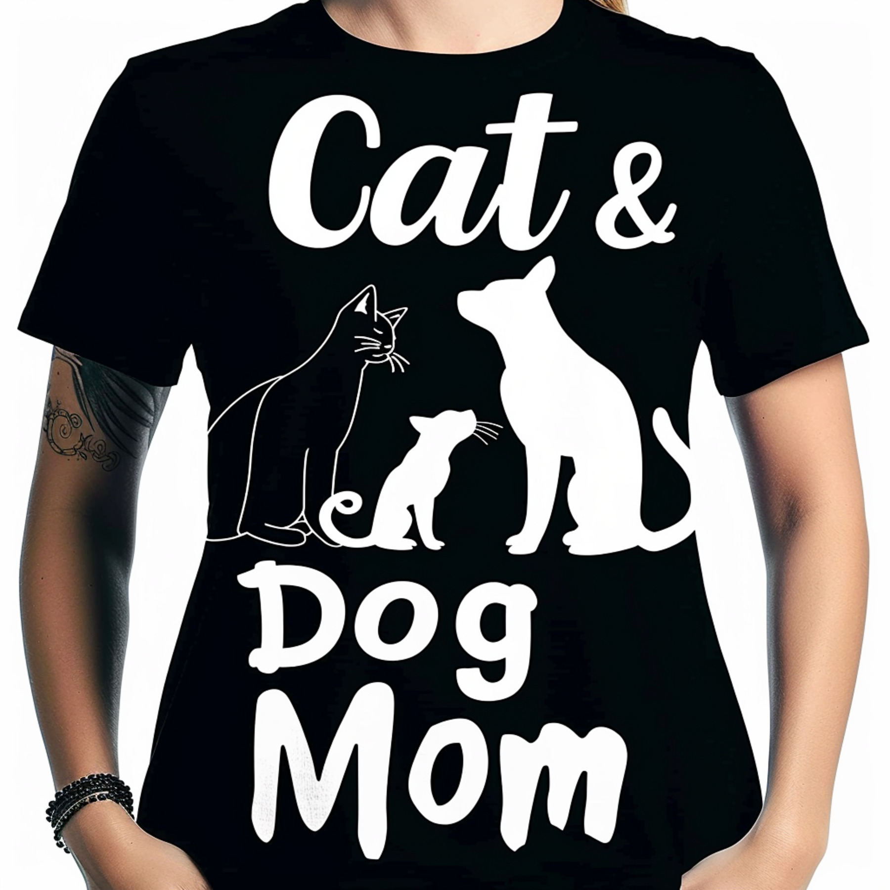 Pet Lover's Delight: Cat & Dog Mom Silhouette Design HighRes Sublimation Template on Black Tee ...