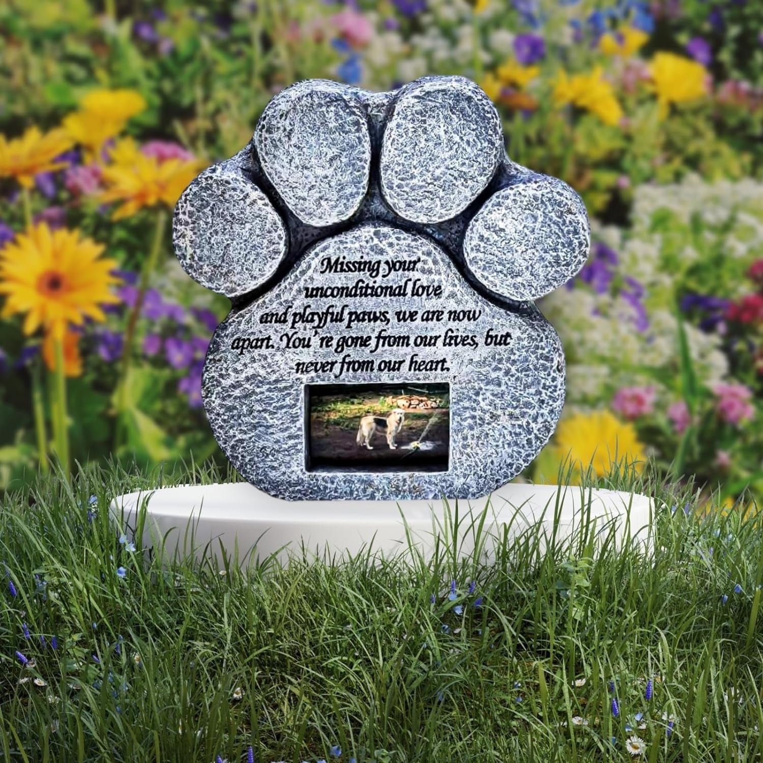 Pet Memorial Stone - Features a Paw Print Photo Frame and Sympathy Poem ...