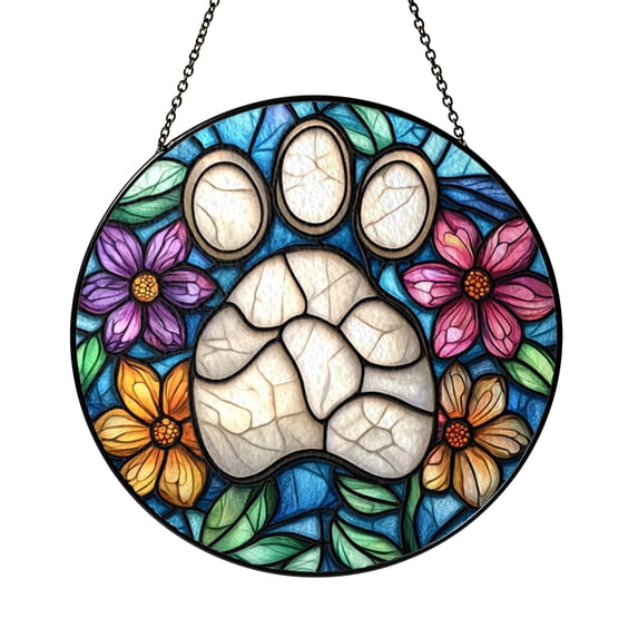 Pet Paw Floral Stained Glass Style Window Suncatcher Hanging Decor ...