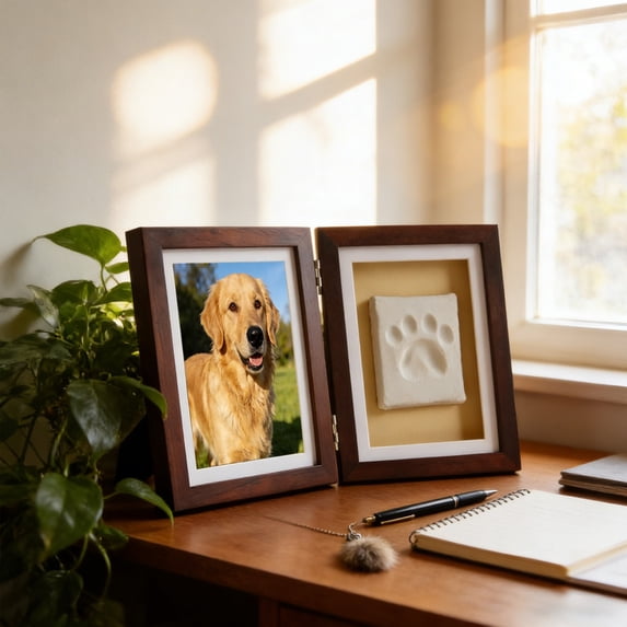Pet Paw Print Photo Frame with Clay Imprint Kit, Wooden Memorial ...
