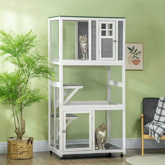Pet Playpen PawHut 74" Wooden Outdoor Cat House Weatherproof & Wheeled ...