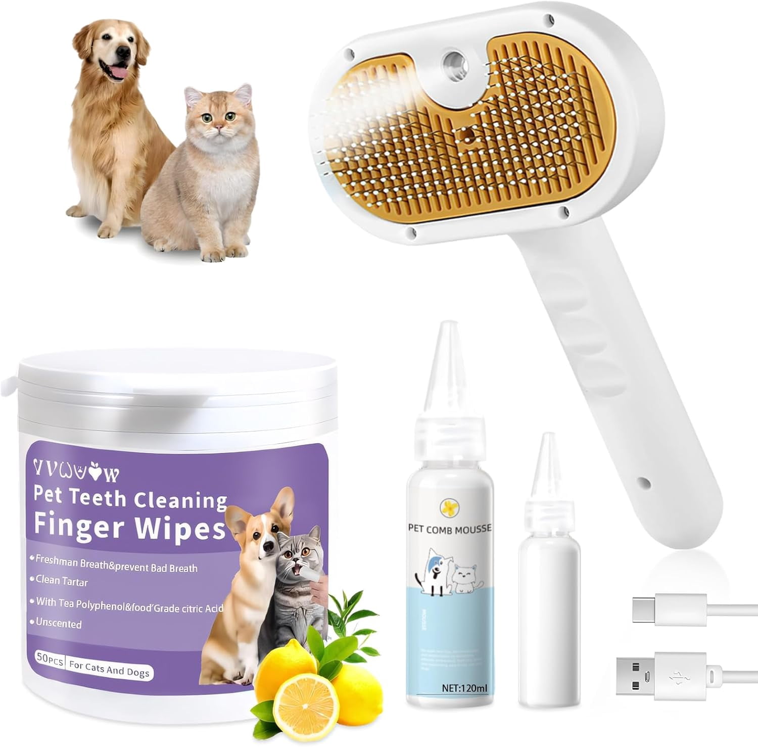 Pet Steam Brush for Dog & Cat – 3-in-1 Spray Hair Removal Comb for ...