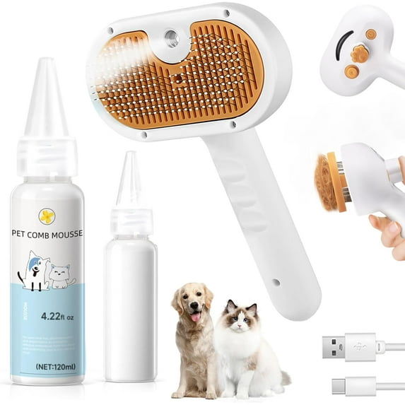 Pet Steam Brush for Dog & Cat – 3-in-1 Spray Hair Removal Comb – Steam ...