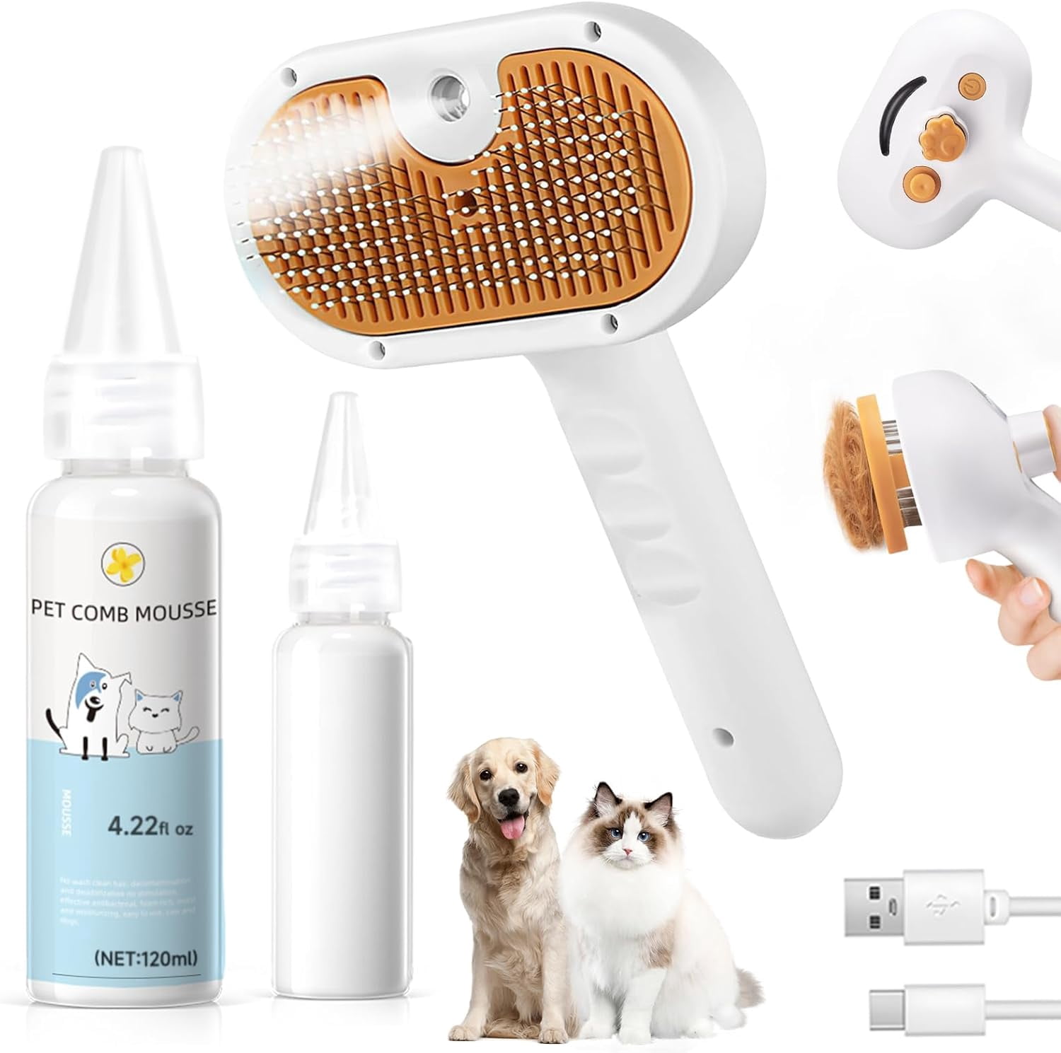 Pet Steam Brush for Dog & Cat – 3-in-1 Spray Hair Removal Comb Shedding ...