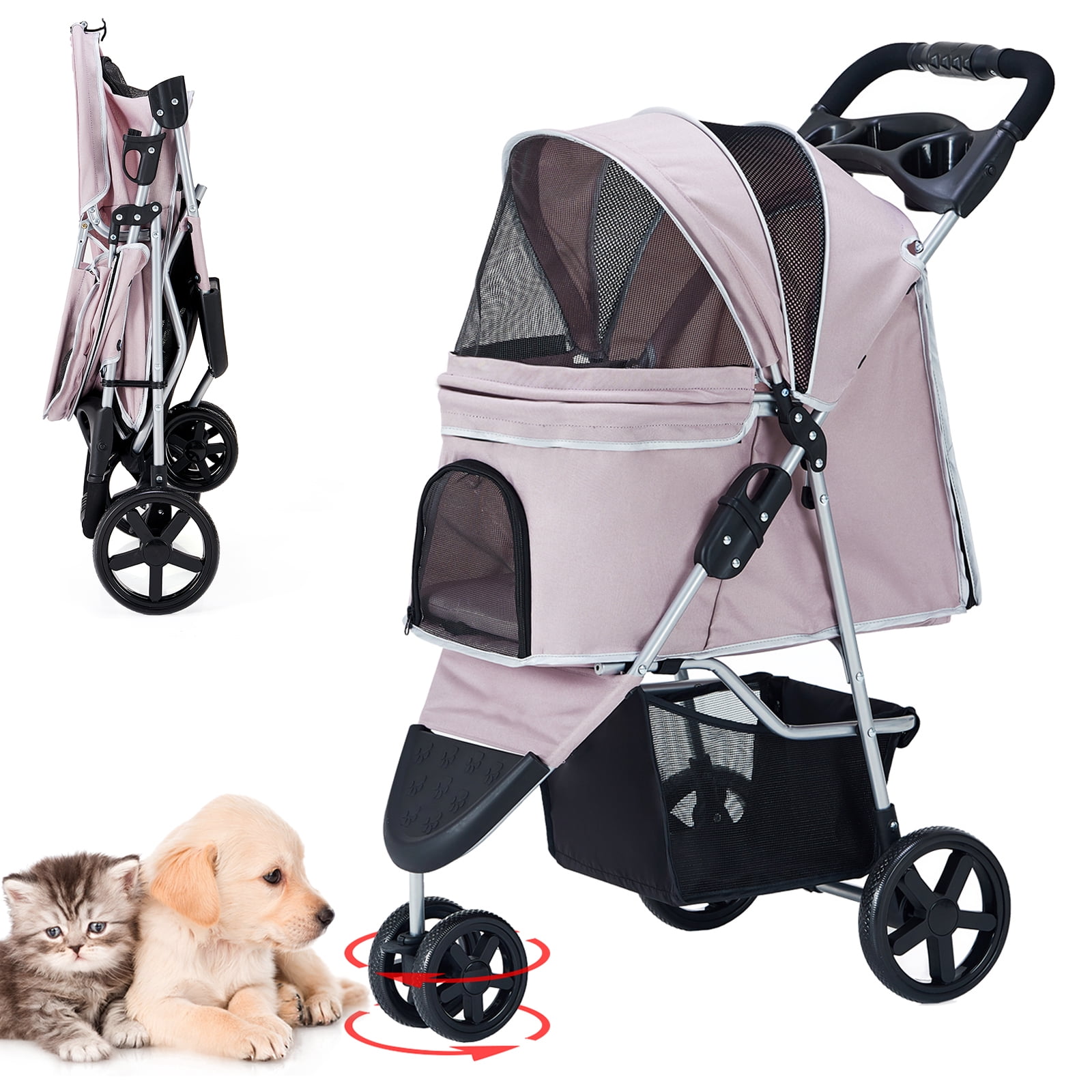 Double Rhombus 3-Wheeled Lightweight Pet Stroller with Storage Basket ...