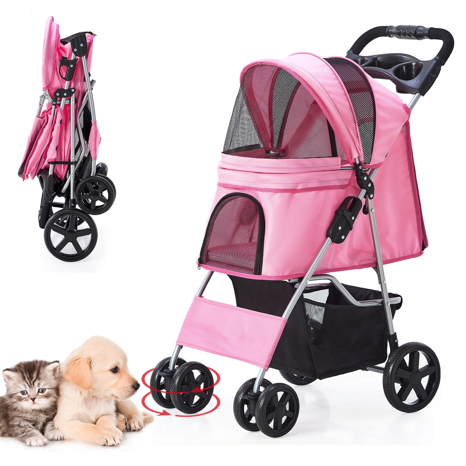 Walmart 4-Wheel Pet Stroller, Lightweight, Foldable, with Storage, Cup ...