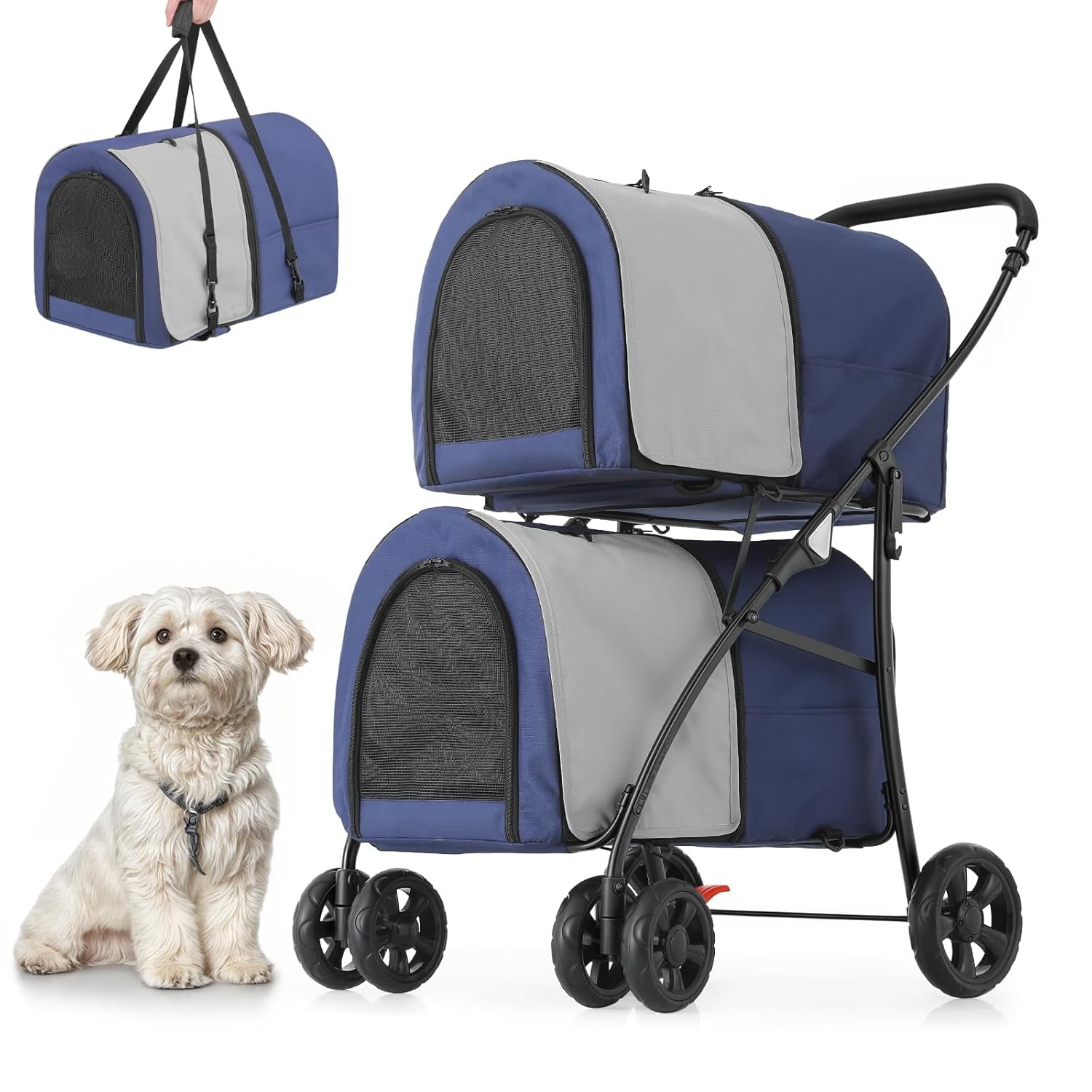 Pet Stroller, 4 Wheels Double Dog Stroller with Detachable Carrier Bags ...