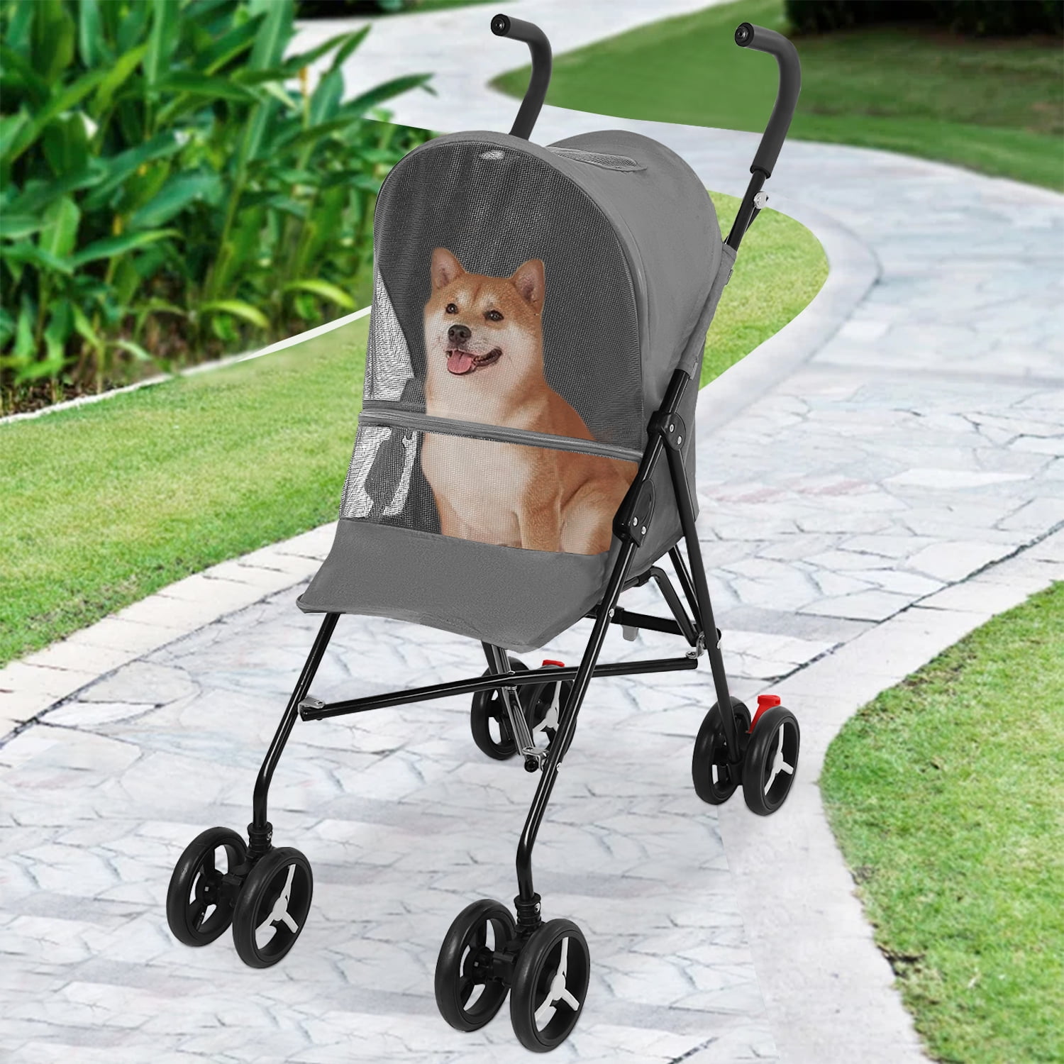 Pet Stroller Dog Cat Stroller with Handlebars Canopy Breathable Mesh ...