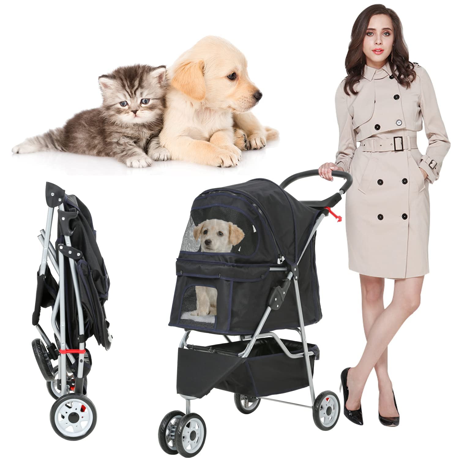 Pet Stroller Dog Stroller for Small Medium Dogs & Cats, 3 Wheel Folding ...