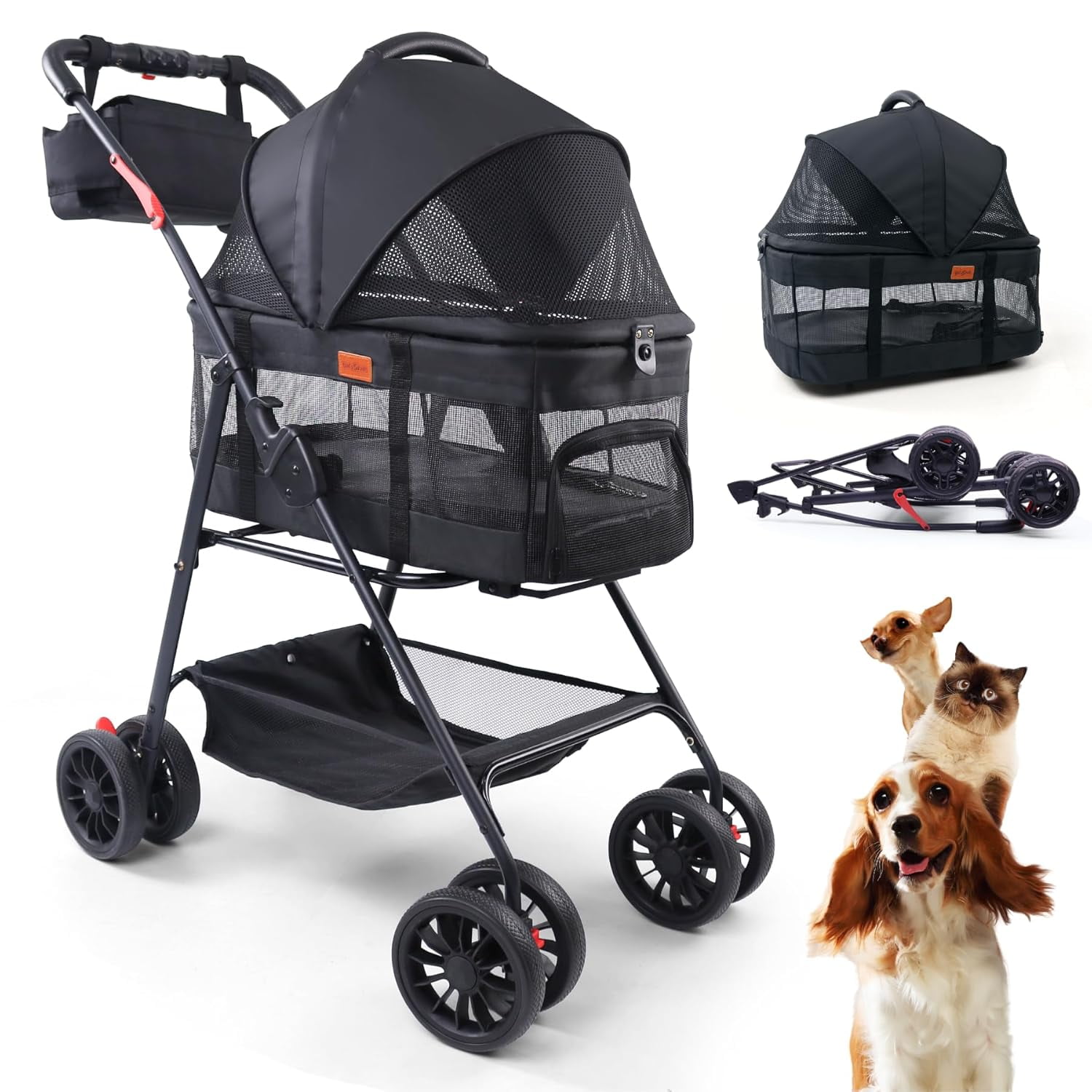 Pet Stroller for Small Dogs Cats with Wheels, Detachable Carrier, Max ...
