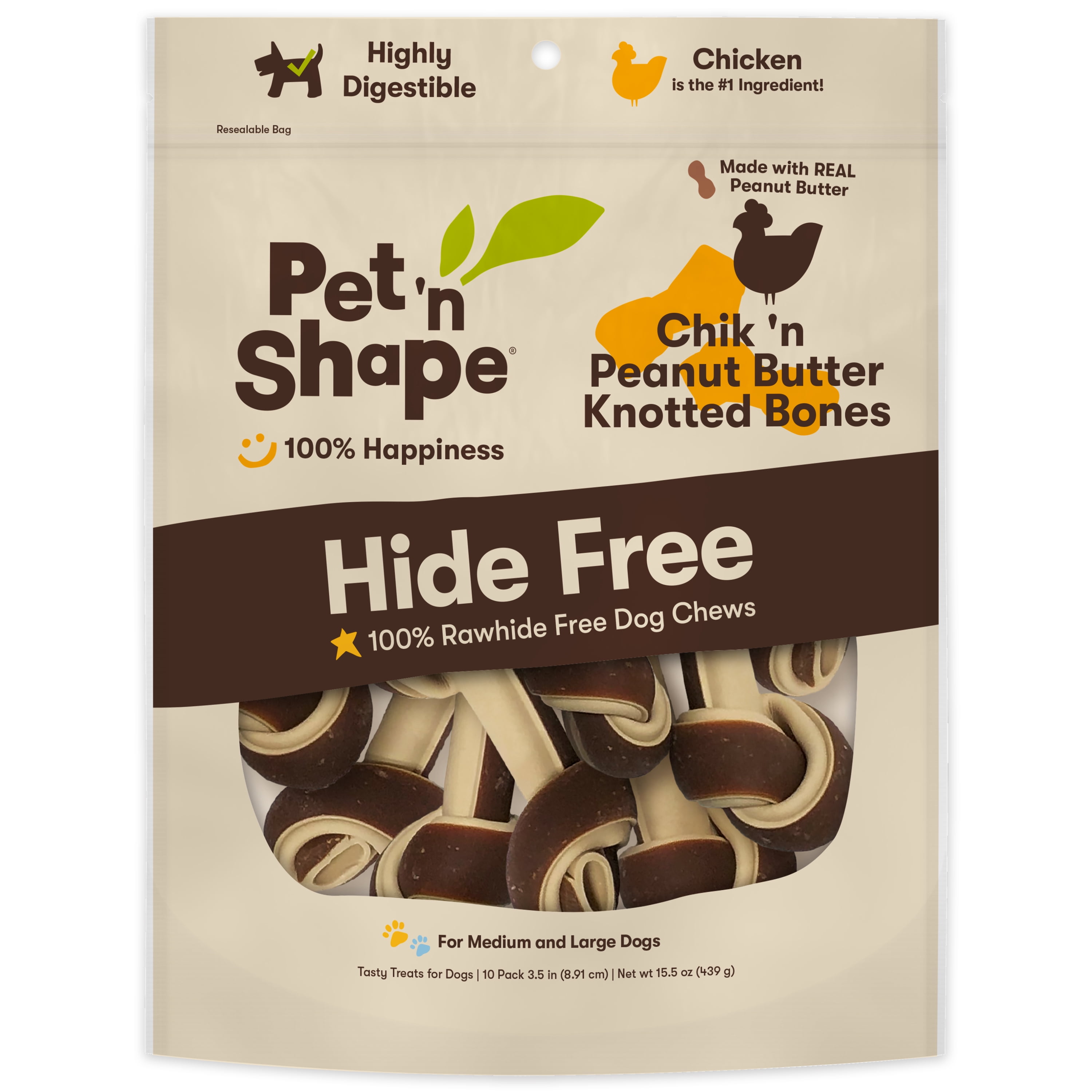Pet 'n Shape Hide Free Knot Bones with Peanut Butter, 6 Count 9.28 oz ...