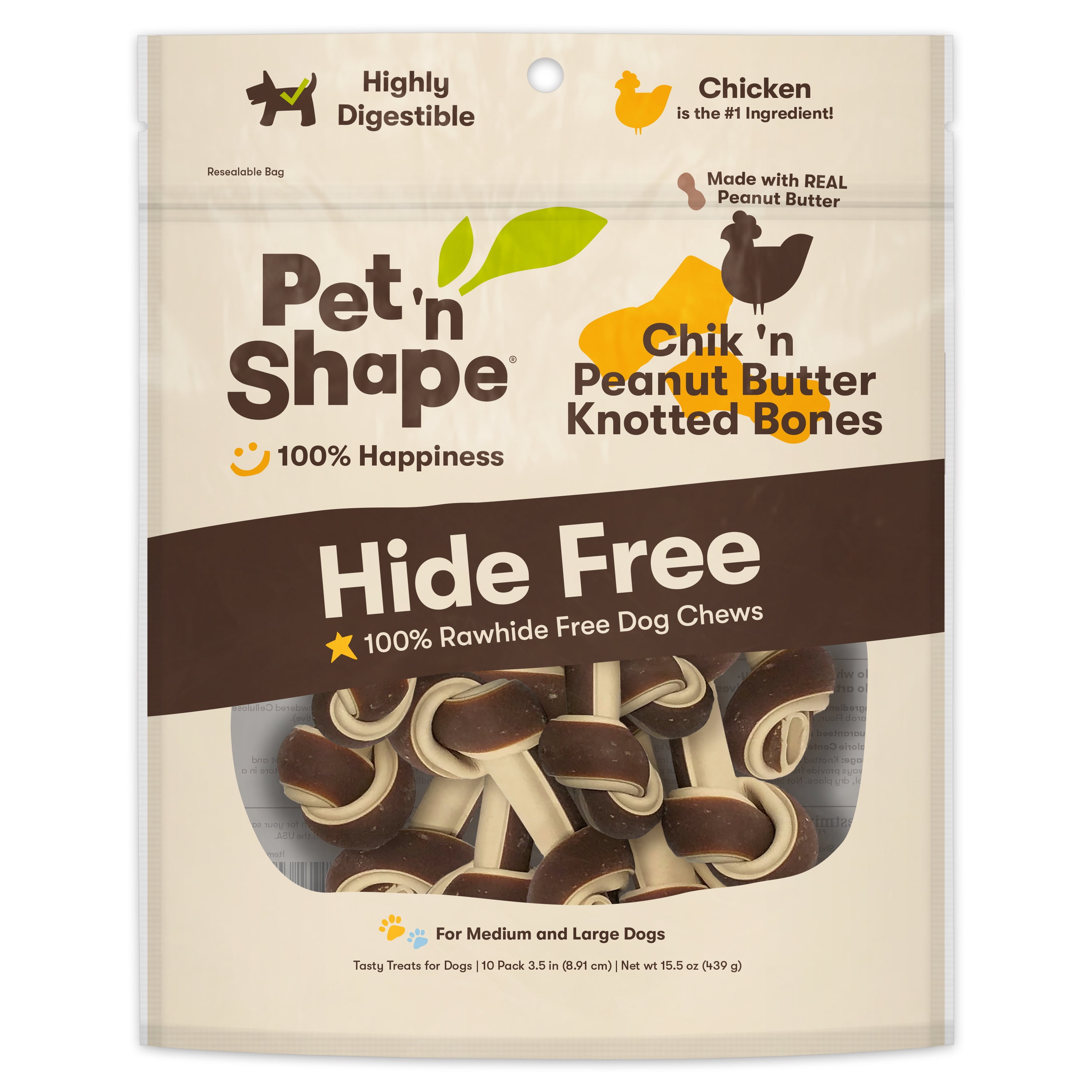 Pet 'n Shape Hide Free Knot Bones with Peanut Butter, 10 Count 15.5 oz ...