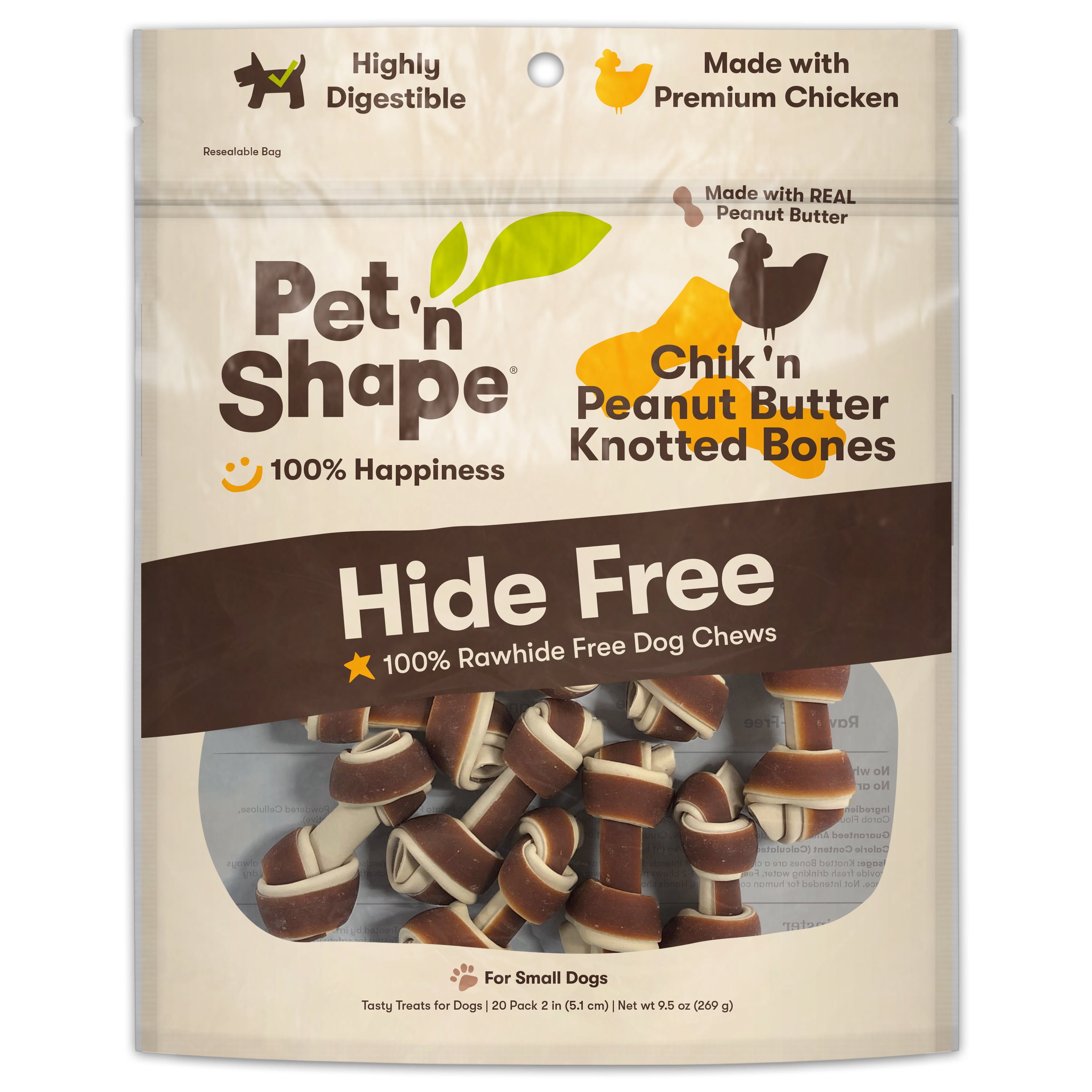 Pet 'n Shape Hide Free Knot Bones with Peanut Butter, 20 Count 9.5 oz ...