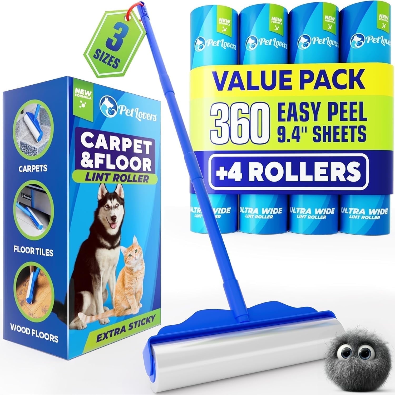 PetLovers Extra Sticky Floor Lint Roller for Pet Hair - 360 Total ...