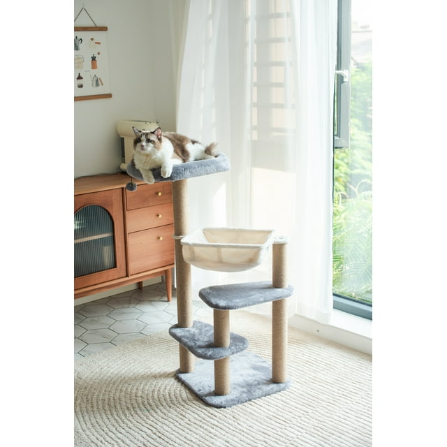 PetPals 42" Gray 4-Level Medium Cat Tree w/ Hammock Sisal Rope ...