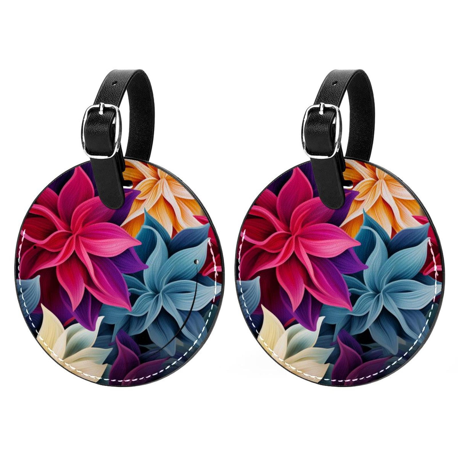 Petal Flower 2pcs PU Leather Round Bag Tags with Privacy Cover and Name ...