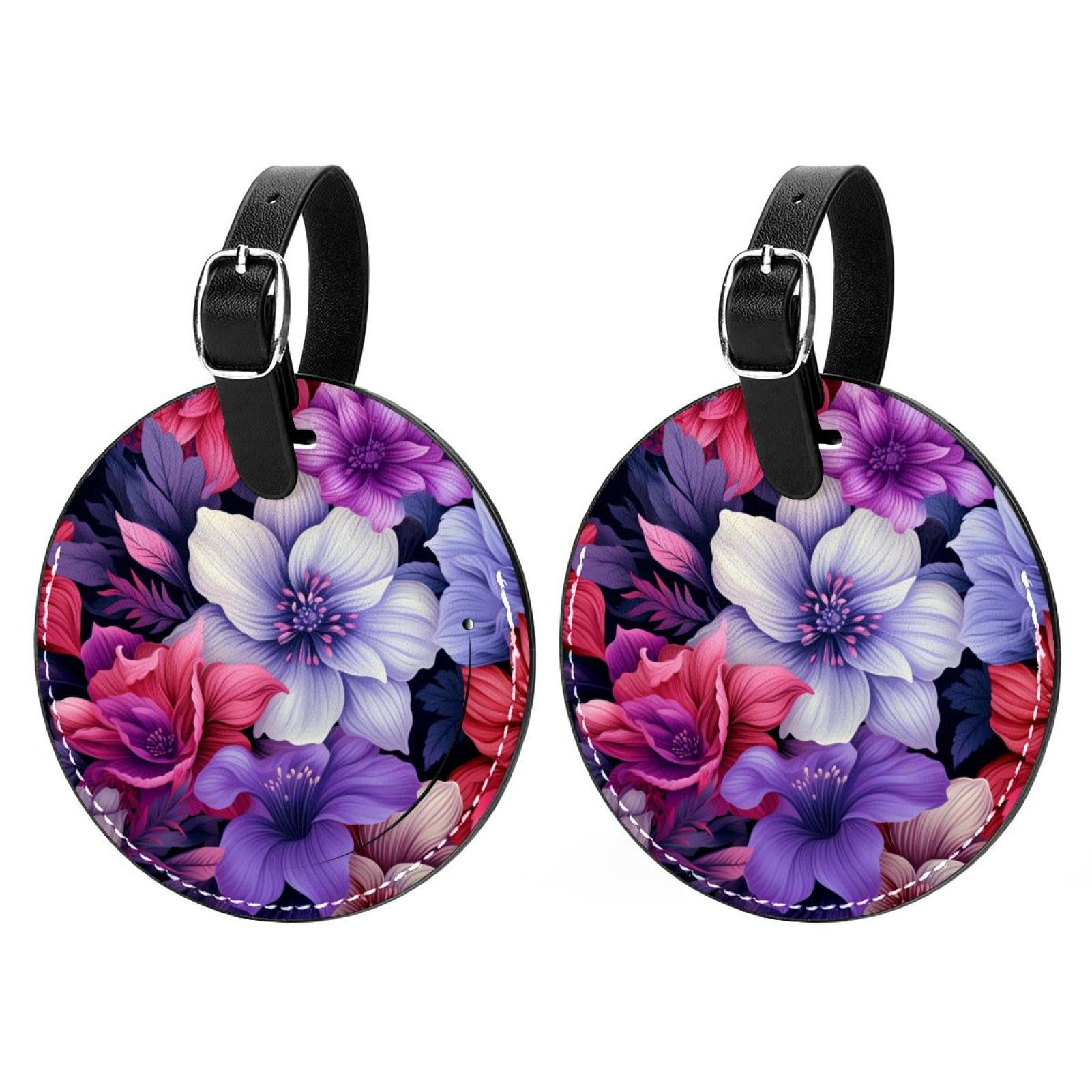 Petal Flower 2pcs PU Leather Round Bag Tags with Privacy Cover and Name ...