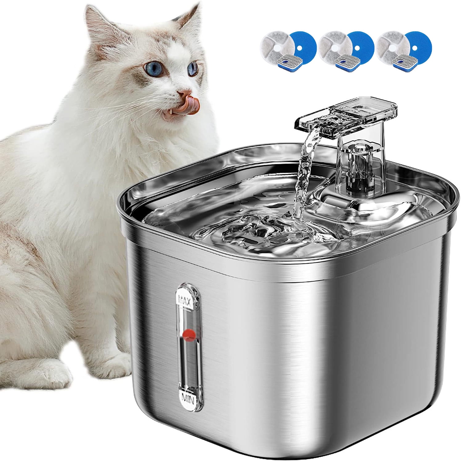 Petavista 2.2L/74oz Stainless Steel Cat Water Fountain with Water Level ...