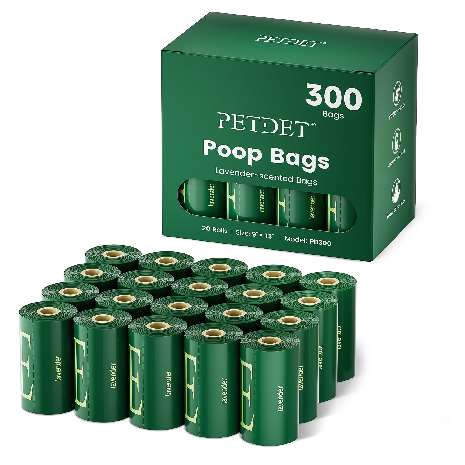 Petdet Dog Poop Bags - 300 Count, Extra Thick Waste Bags for Pets, Lavender Scented, 1 Dispenser ...