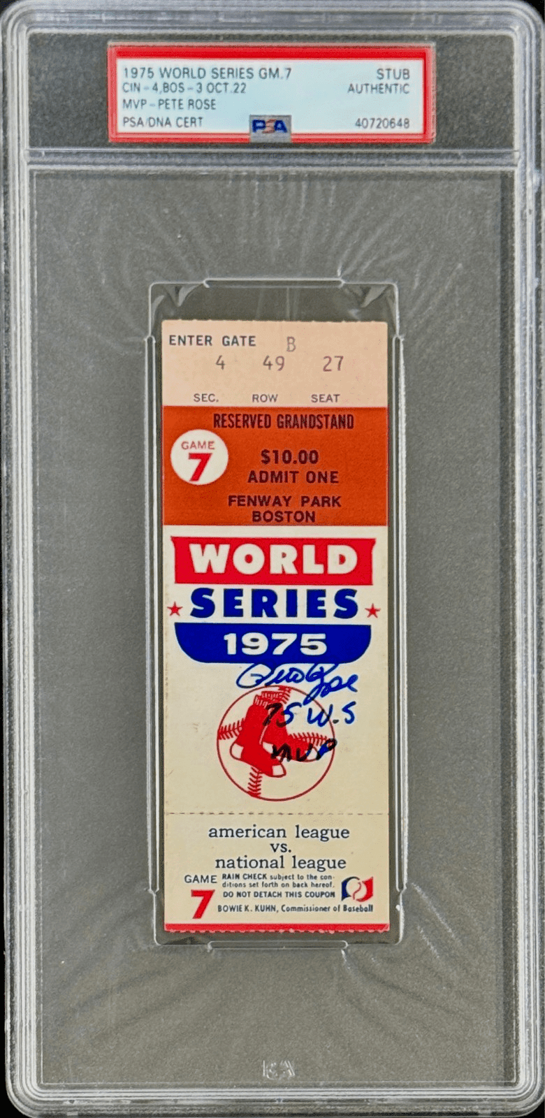 Pete Rose Signed 1975 Word Series Game 7 Ticket Stub PSA Authentic Rose WS MVP - Walmart.com