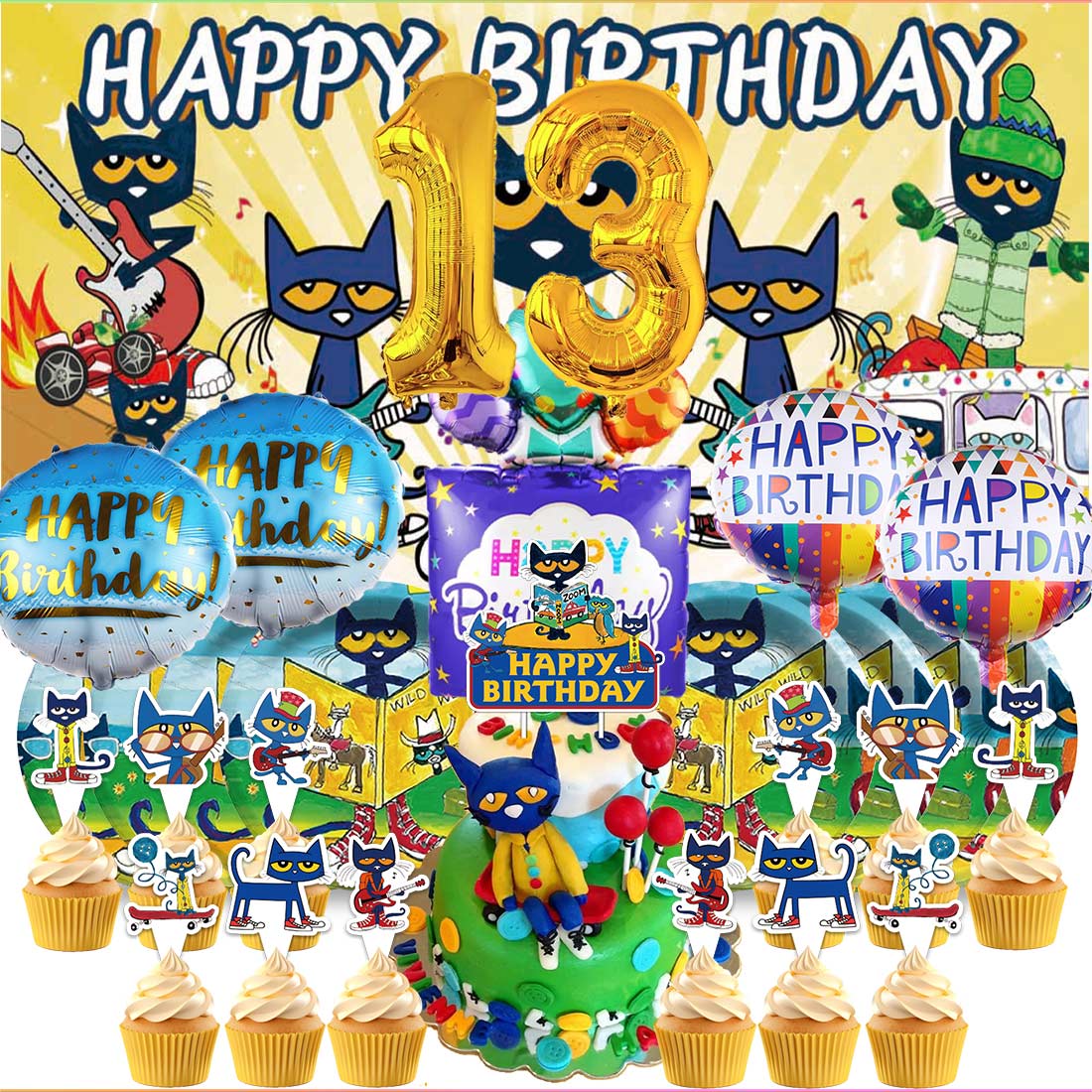 Pete the Cat 13th Tableware Balloons Cake Toppers Backdrop Banner ...