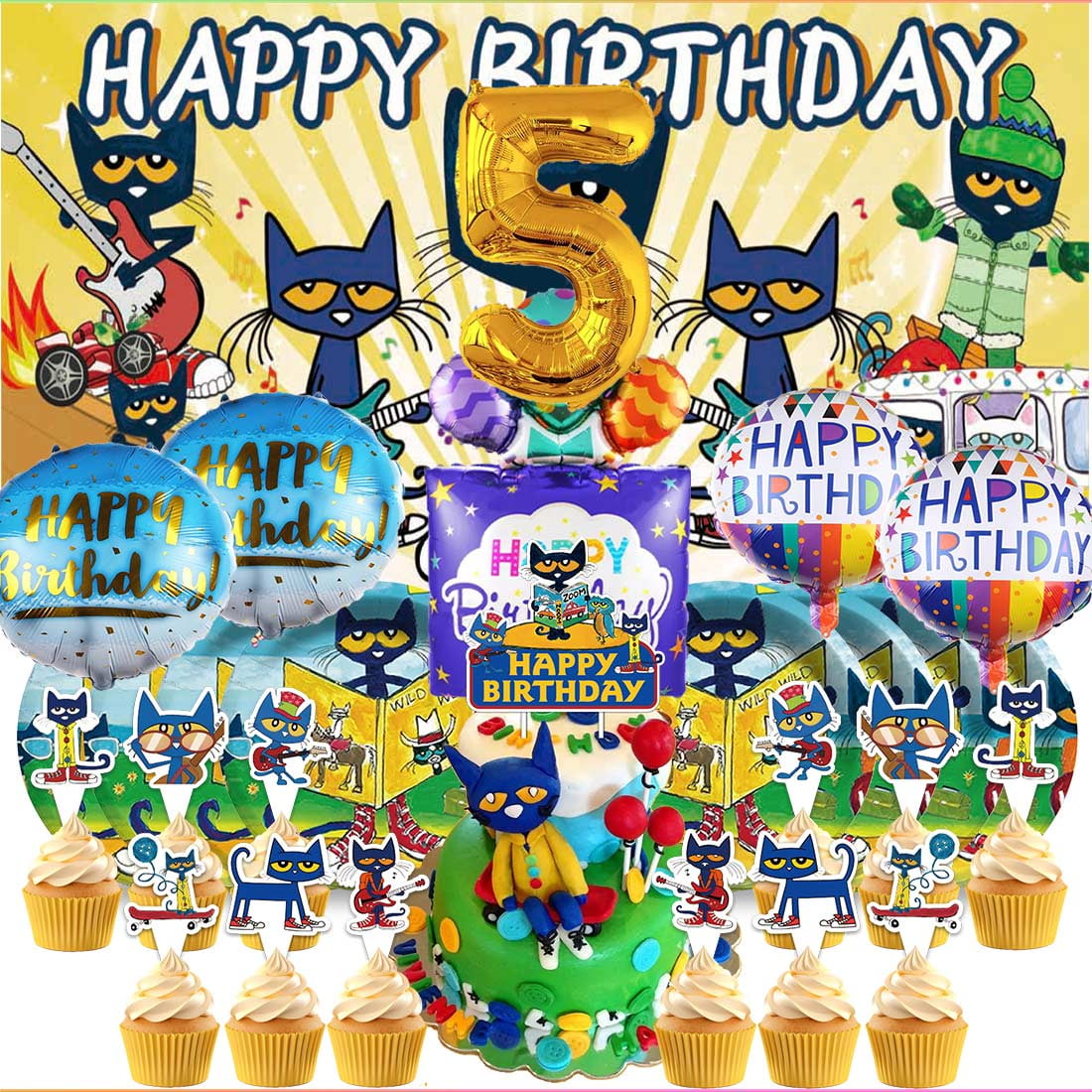 Pete the Cat 5th Tableware Balloons Cake Toppers Backdrop Banner ...