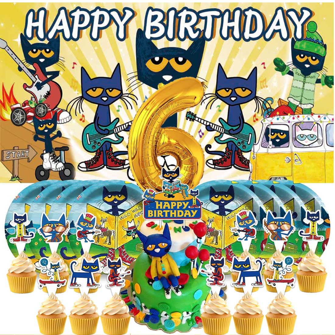 Pete the Cat Balloons Party Supplies 6th Decor Tableware Birthday Cake ...