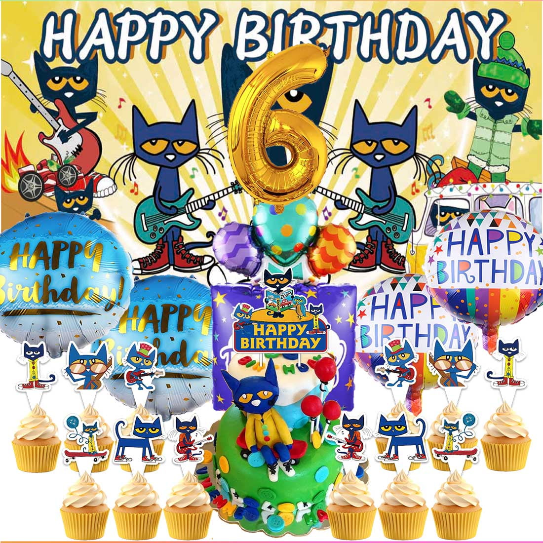 Pete the Cat Party Supplies Decor 6th Kit Balloons Birthday Cake Topper Banner Backdrop ...