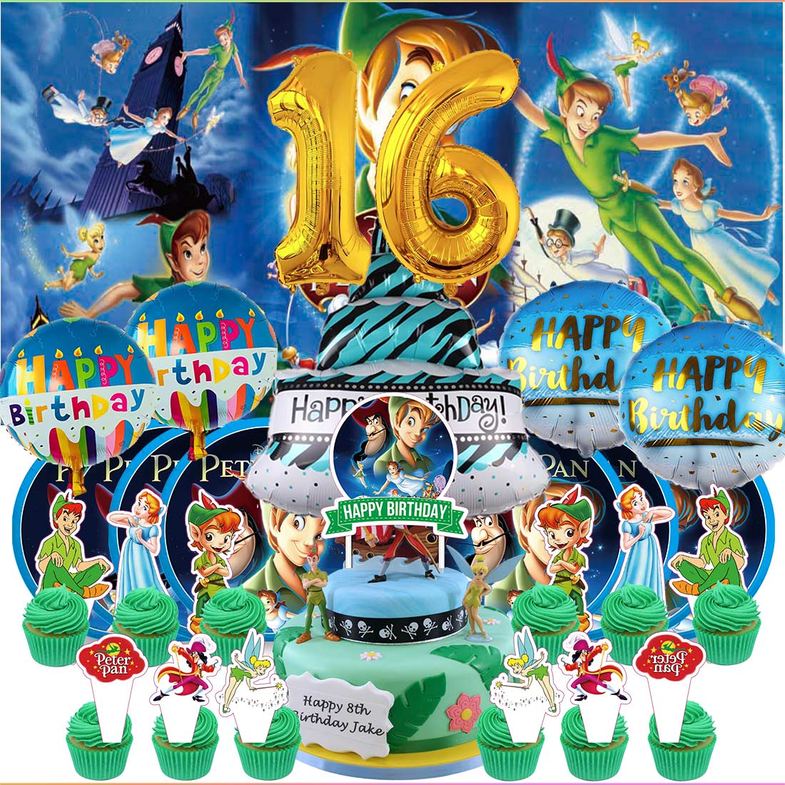 Peter Pan 16th Tableware Balloons Cake Toppers Backdrop Banner Supplies ...